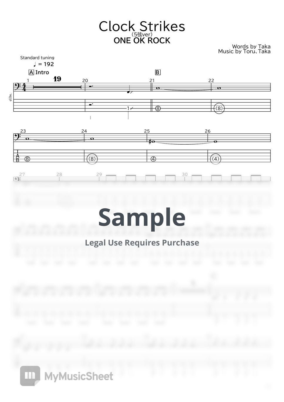ONE OK ROCK - Clock Strikes(5弦ver) 악보 by たぶべー