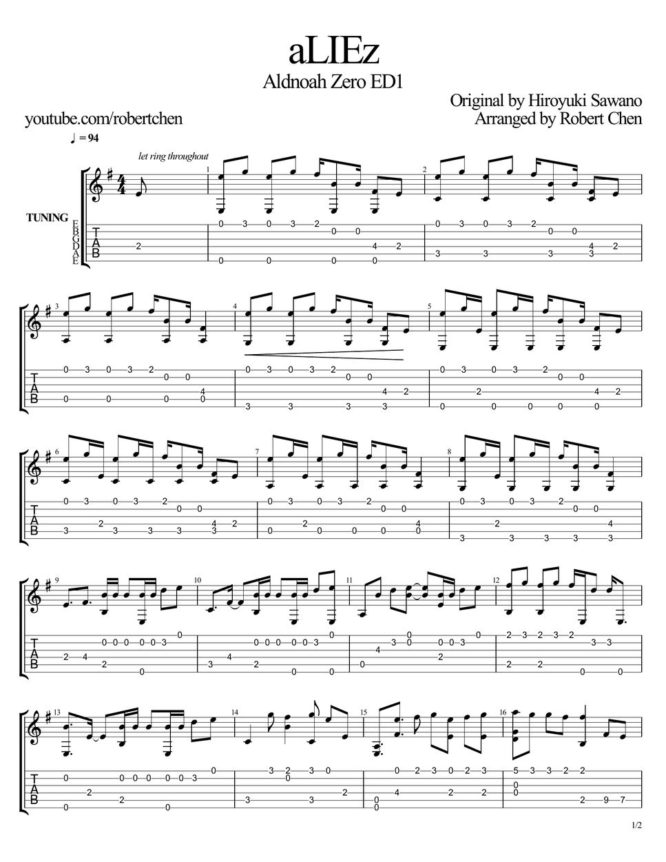Hiroyuki Sawano - Aldnoah.Zero ED1 - "aLIEz" TAB by Robert Chen