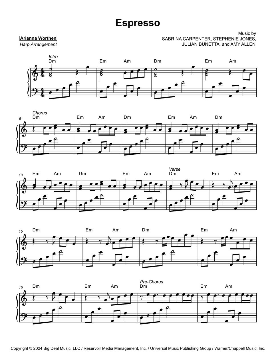 Sabrina Carpenter - Espresso Sheet Music by Arianna Worthen