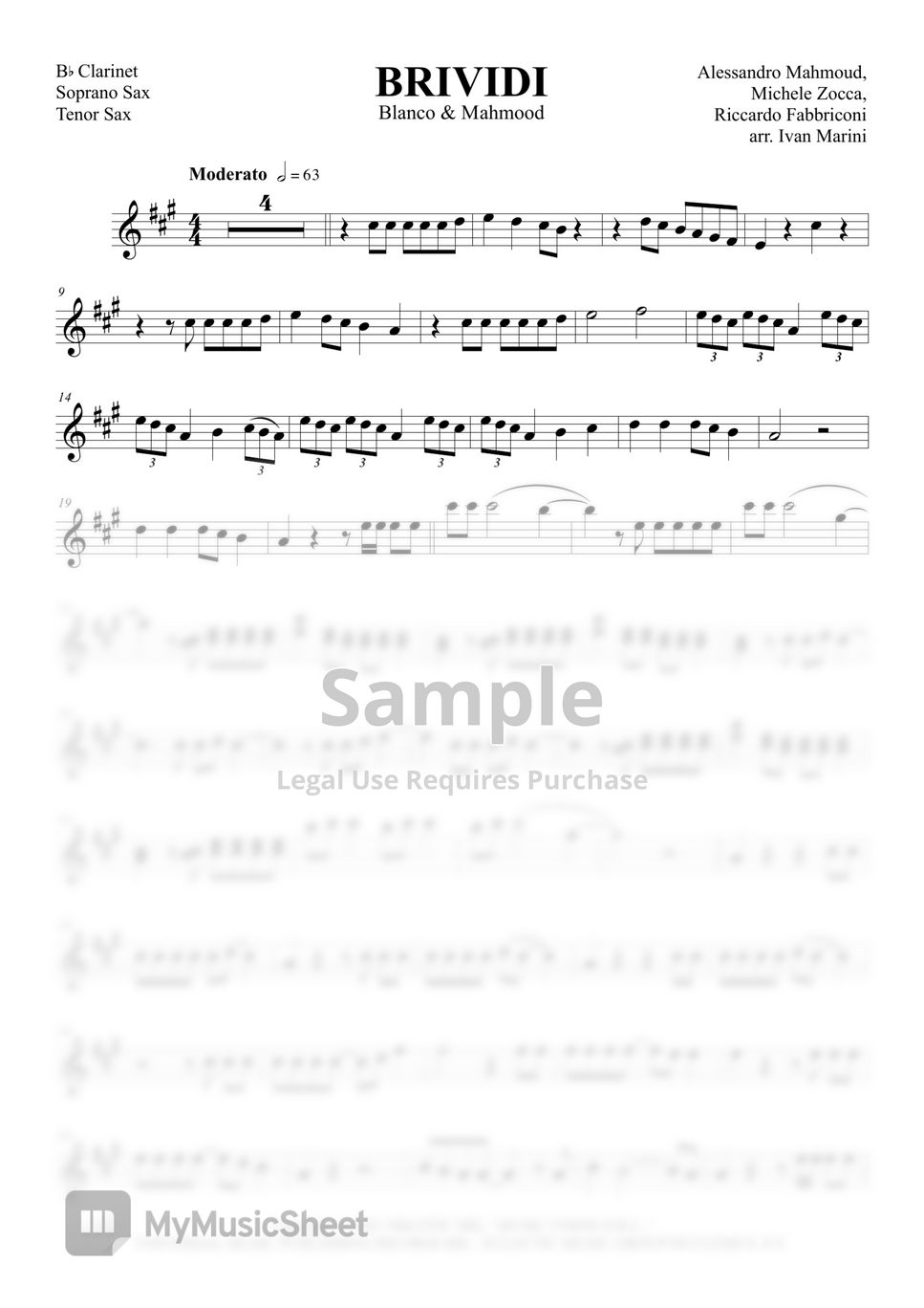 Mahmood, Blanco - BRIVIDI for Tenor Sax 악보 by Ivan Marini