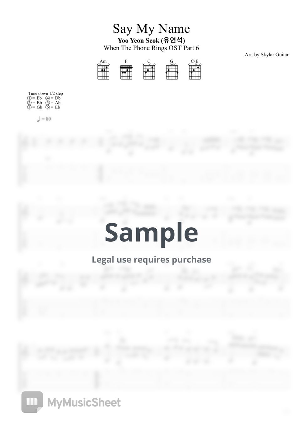 Yoo Yeon Seok (유연석) - Say My Name (When The Phone Rings OST Part 6) 타브+단선 악보 by Skylar Guitar