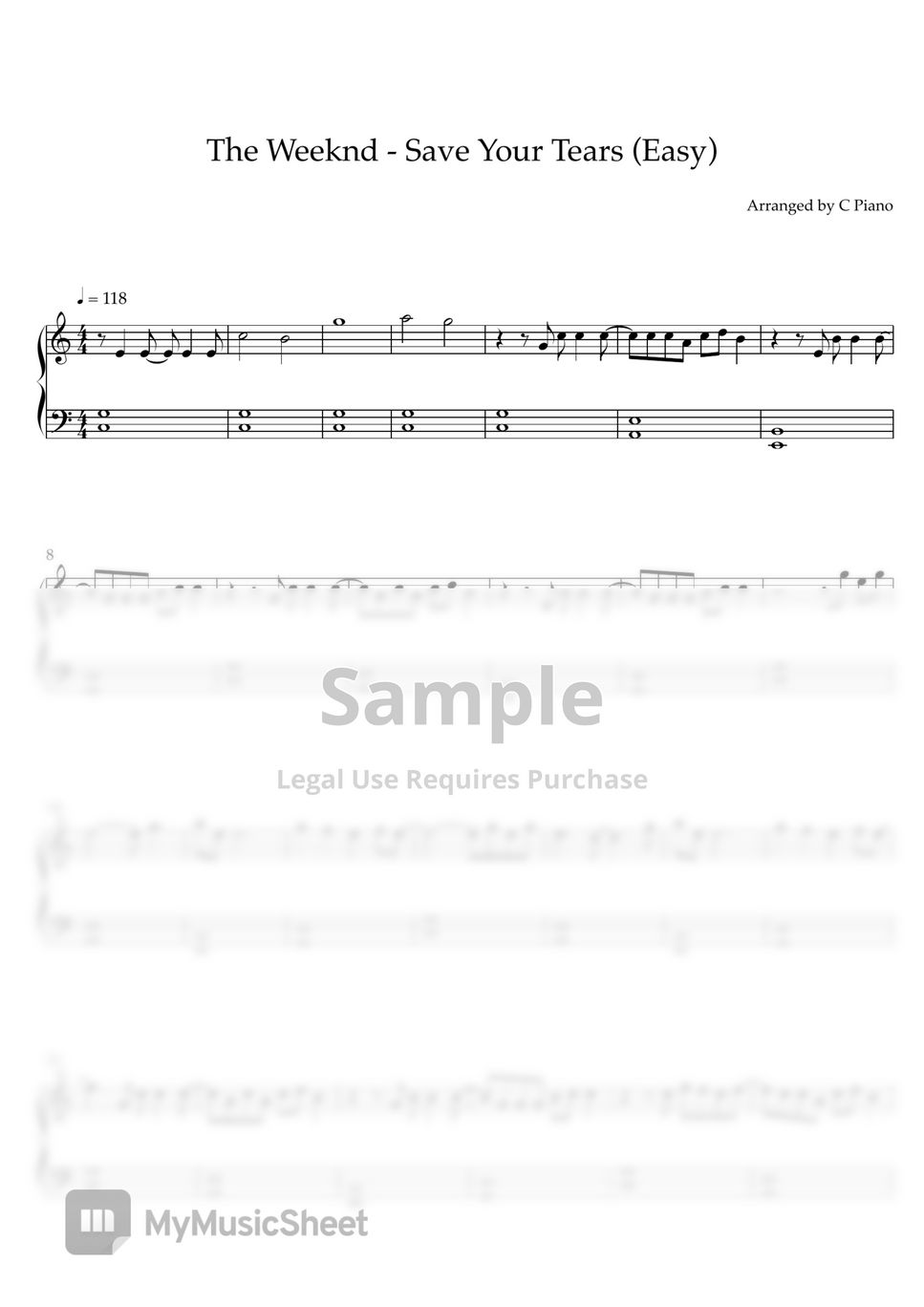 The Weeknd - Save Your Tears (Easy Version) 악보 by C Piano