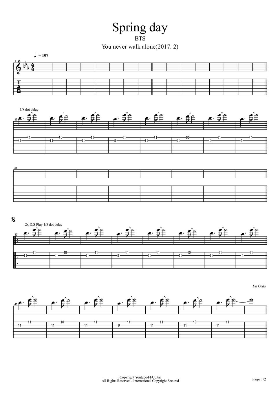 BTS - Spring day guitar cover Sheets by FFGuitar