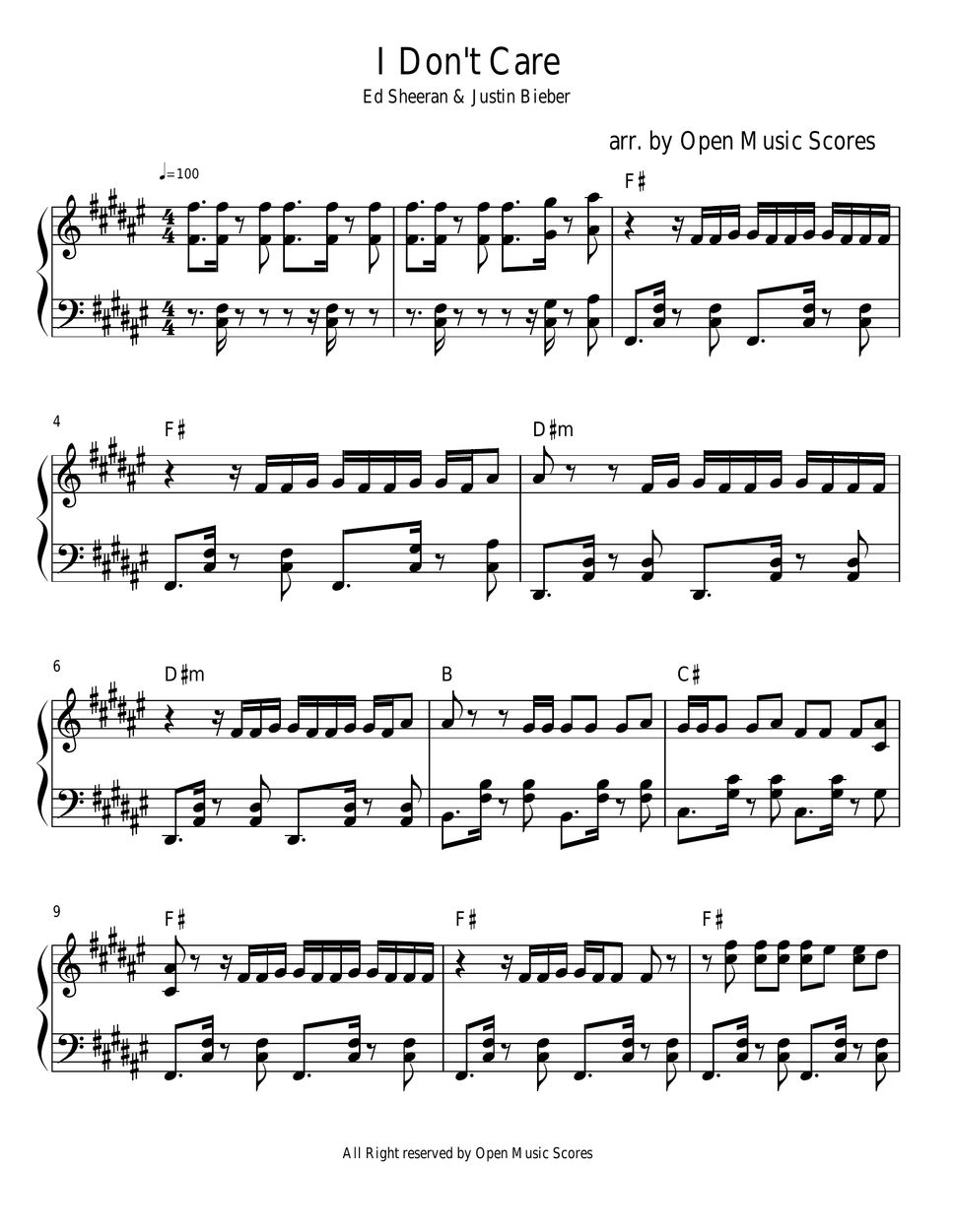 Ed Sheeran & Justin Bieber - I Don't Care( Original Key) 악보 by Open ...