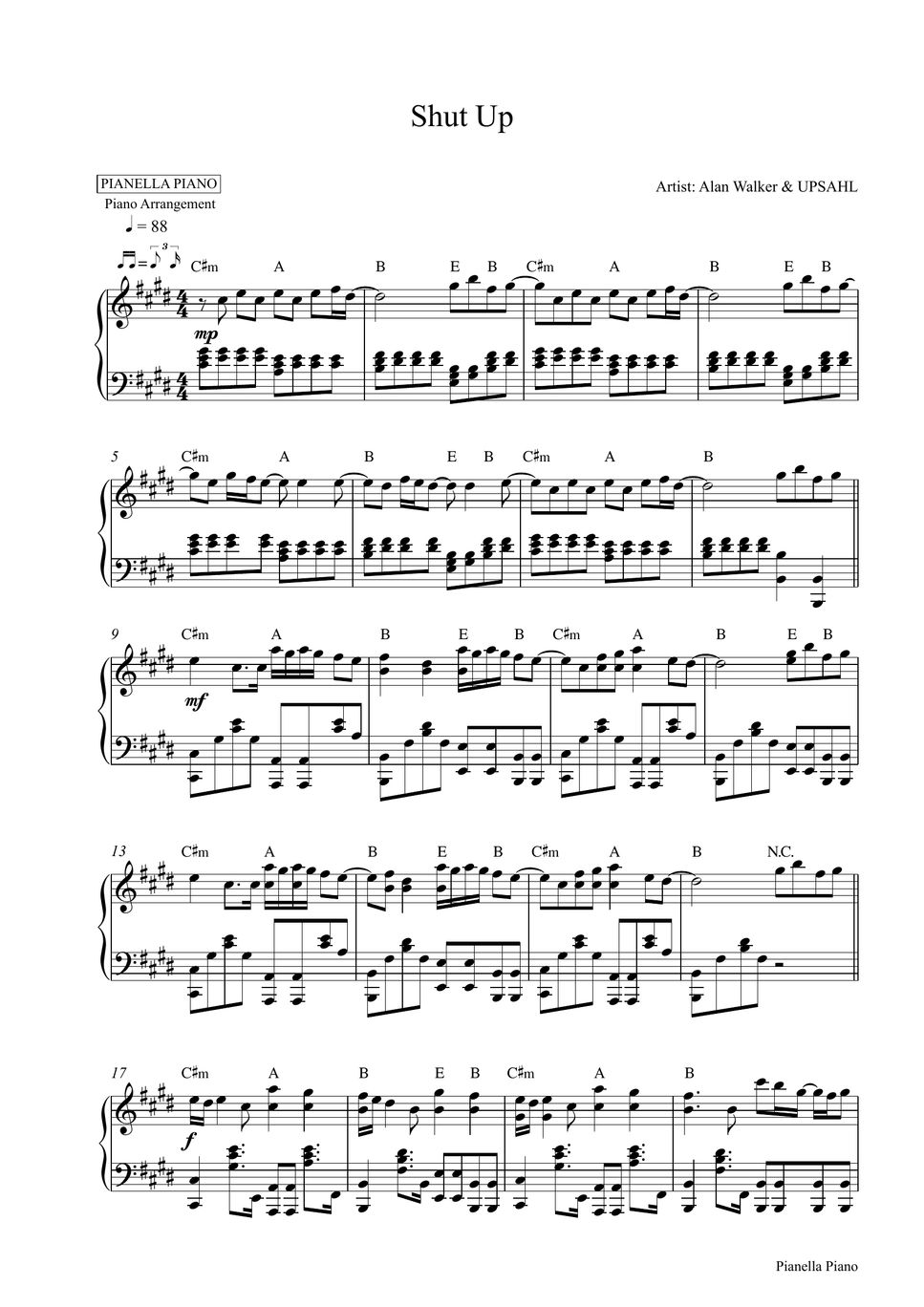Alan Walker & UPSAHL - Shut Up (Piano Sheet) Sheets by Pianella Piano