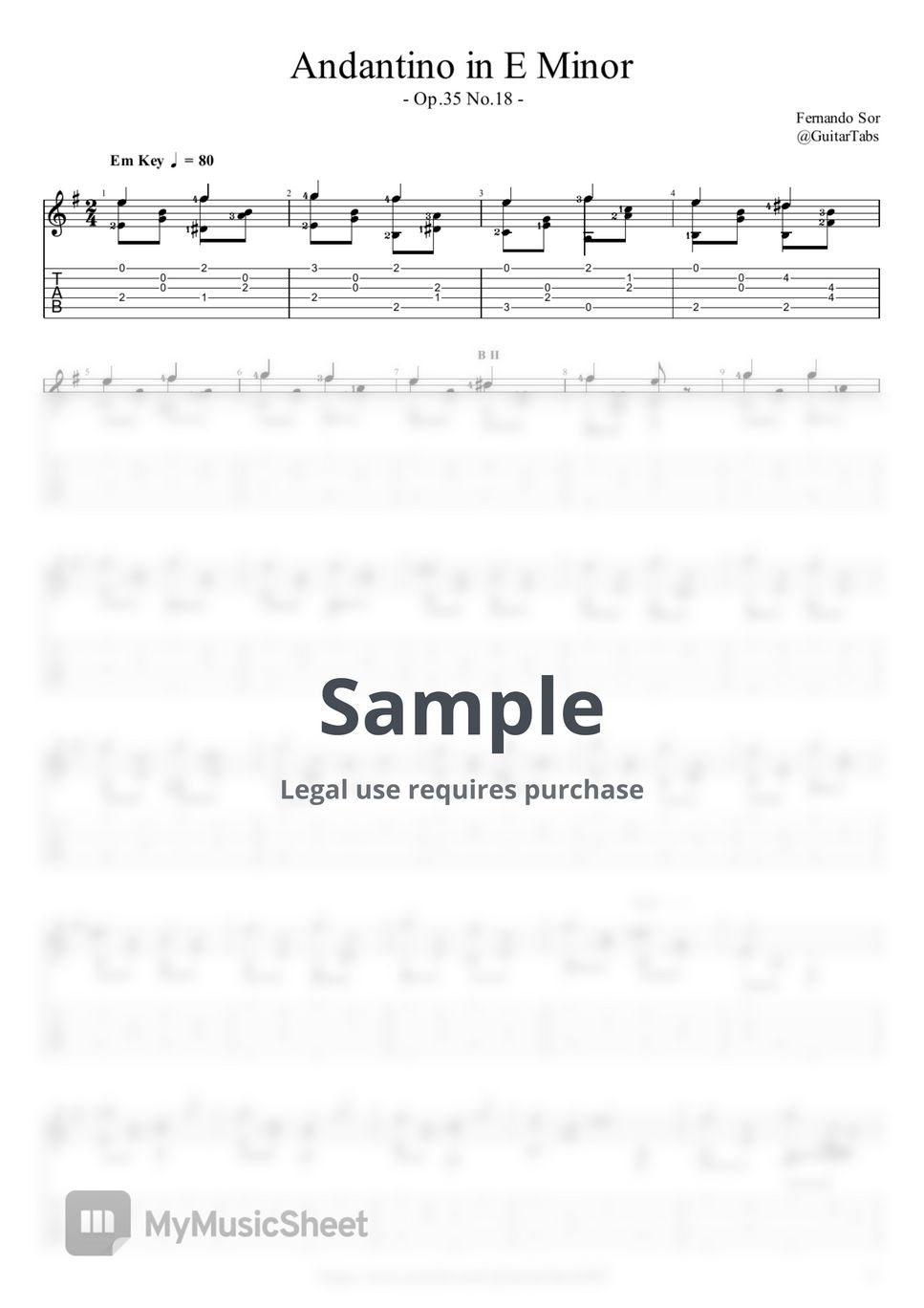 F. Sor - Andantino in E Minor(Op.35 No.18) (오선+타브+운지(Staff+TAB ...