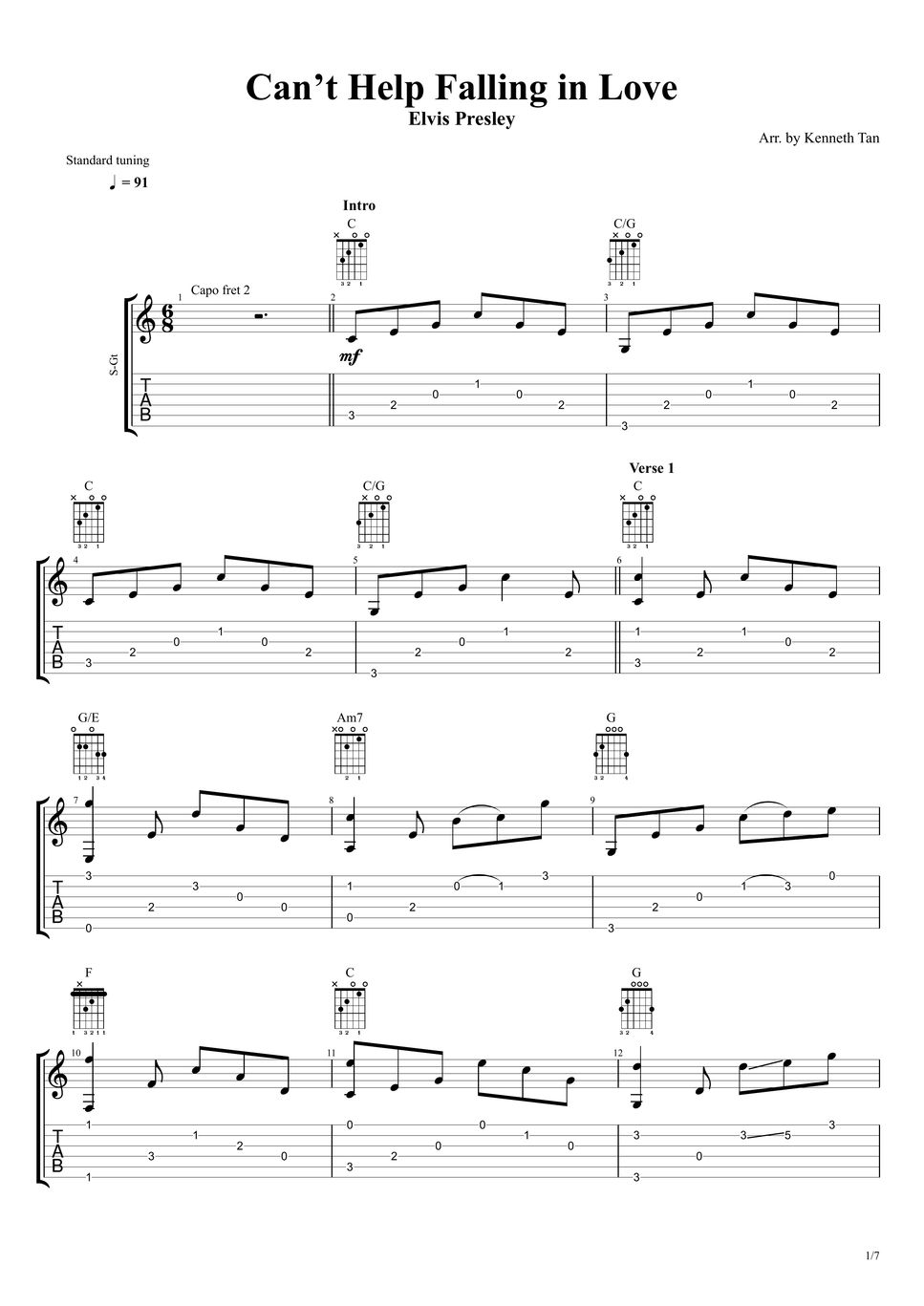 Elvis Presley | Fingerstyle Guitar - Can’t Help Falling in Love Sheets ...