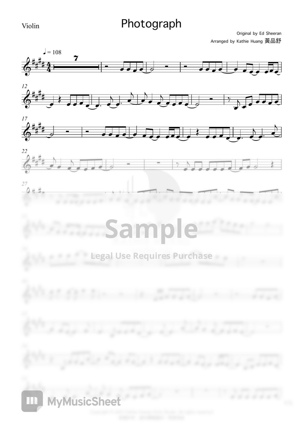 Ed Sheeran - Photograph Notenblatt by Kathie Violin