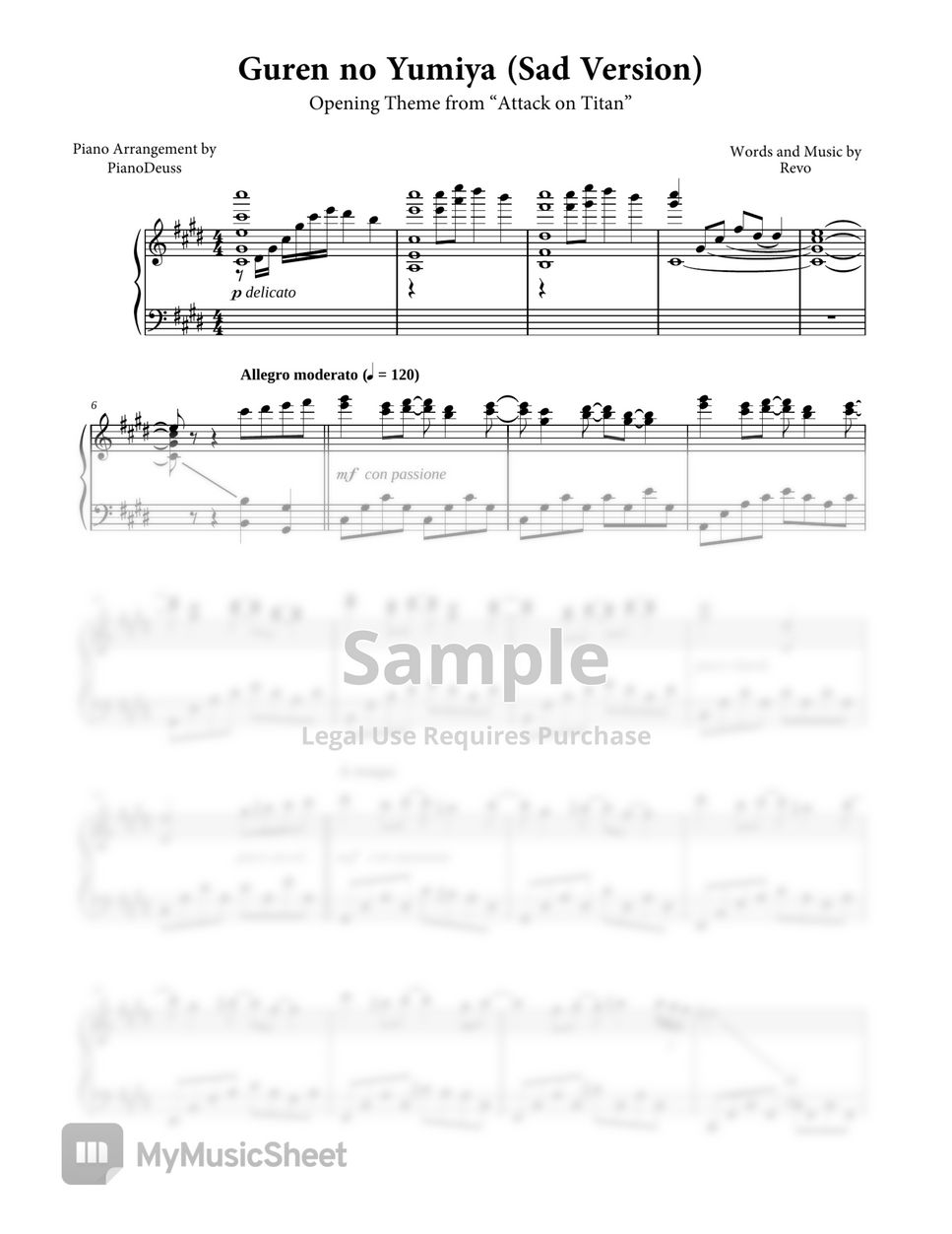 Attack on Titan OP1 - Guren no Yumiya (Sad Version) Sheets by PianoDeuss