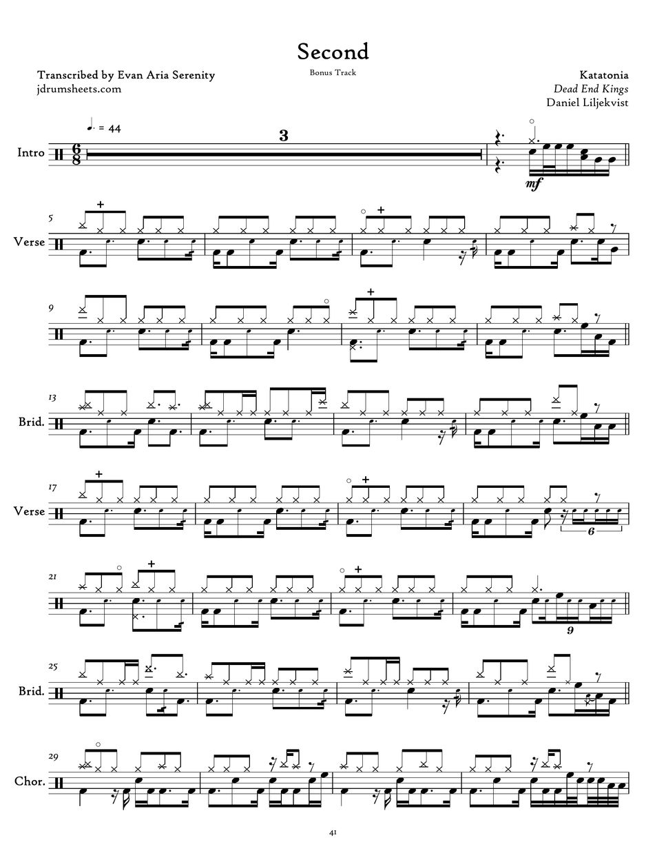 Katatonia - Second 楽譜 by Jaslow Drum Sheets
