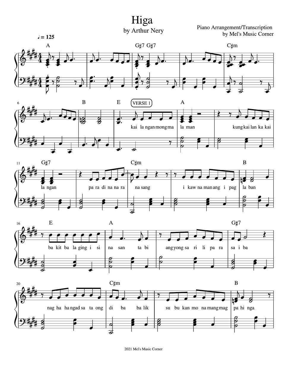 Arthur Nery - Higa (piano sheet music) Sheet by Mel's Music Corner