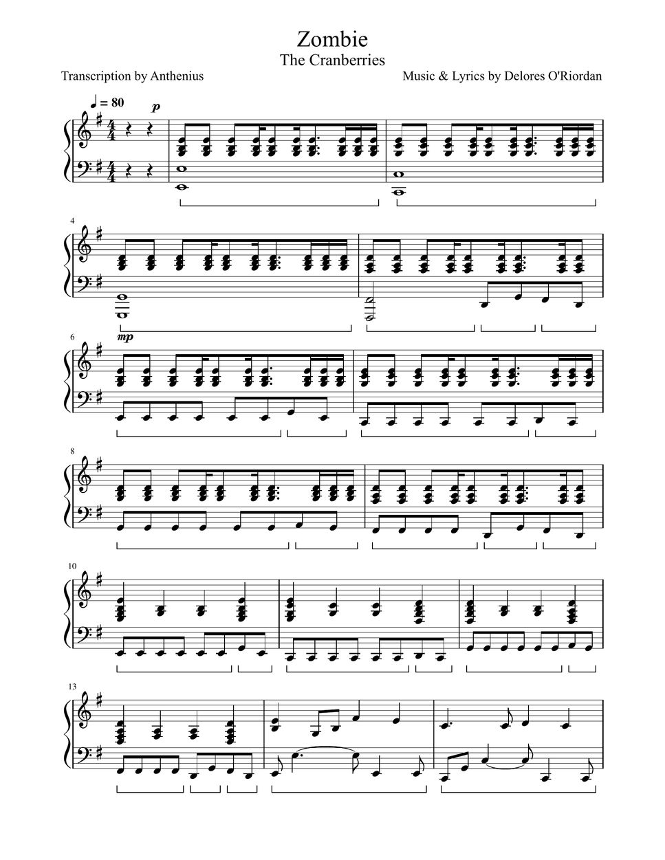 The Cranberries - Zombie (Easy/Intermediate Piano Cover) 악보 by Piano ...