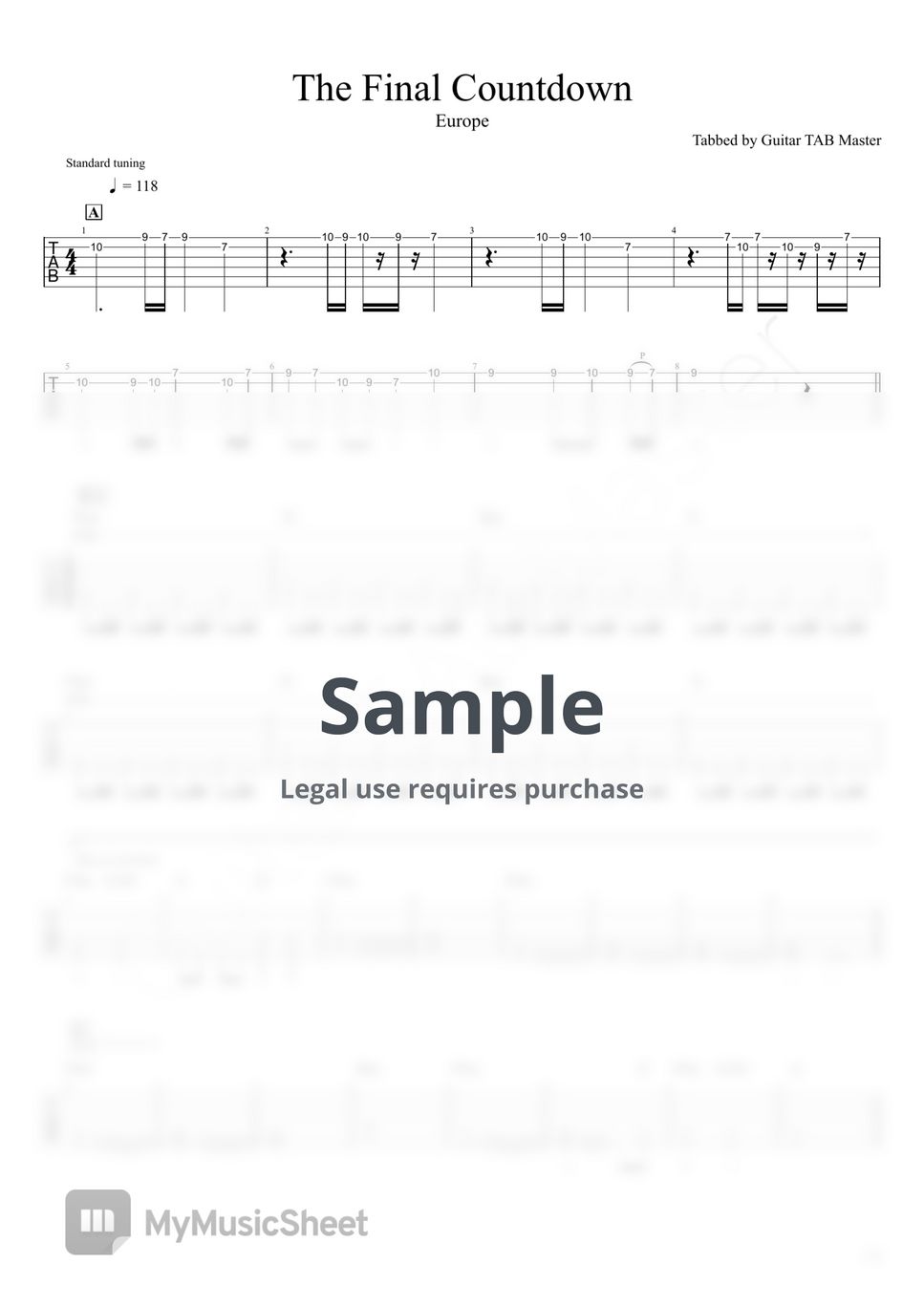 Europe - The Final Countdown Sheets by Guitar TAB Master
