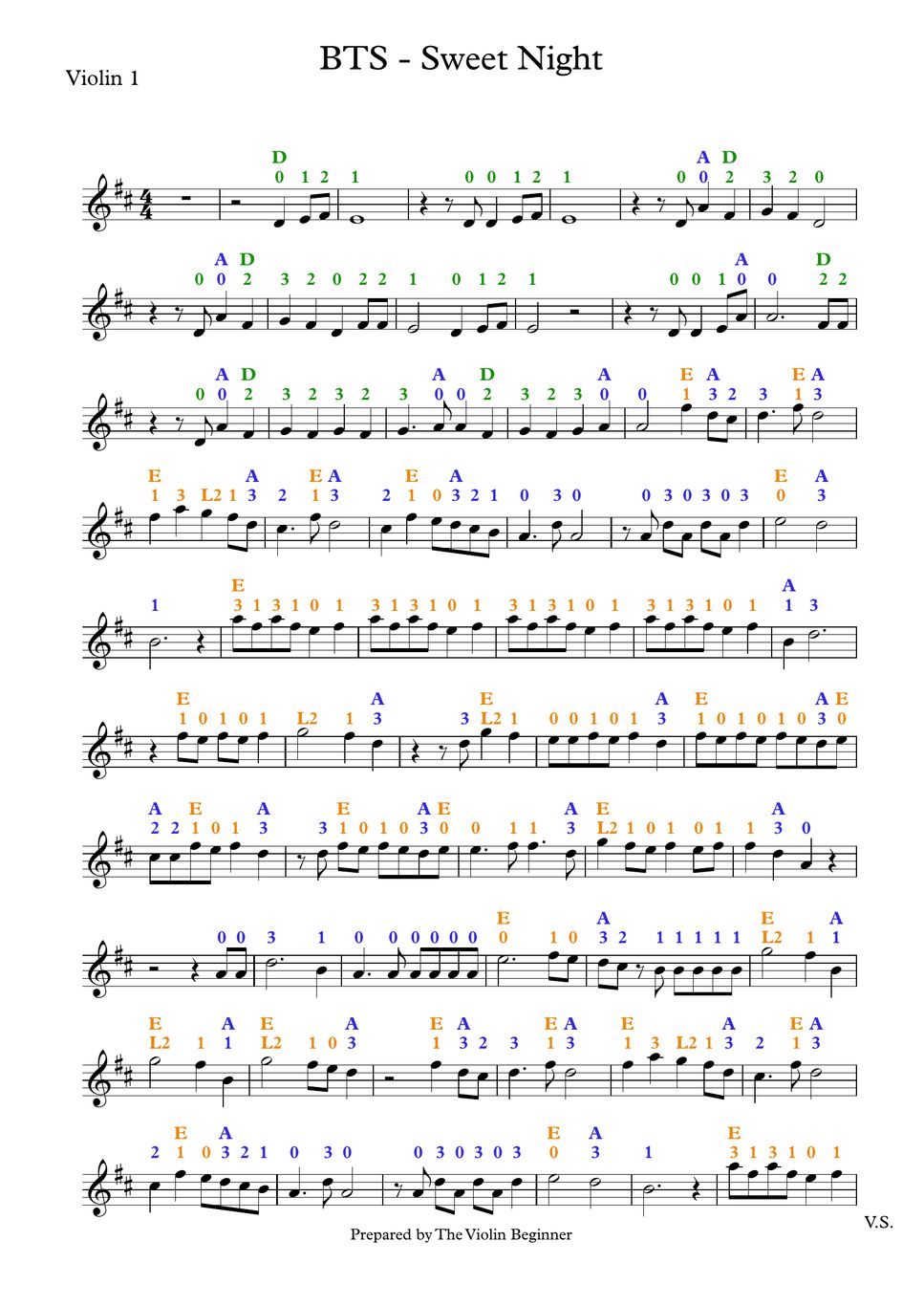 BTS V - Sweet Night (Violin fingerings) Sheets