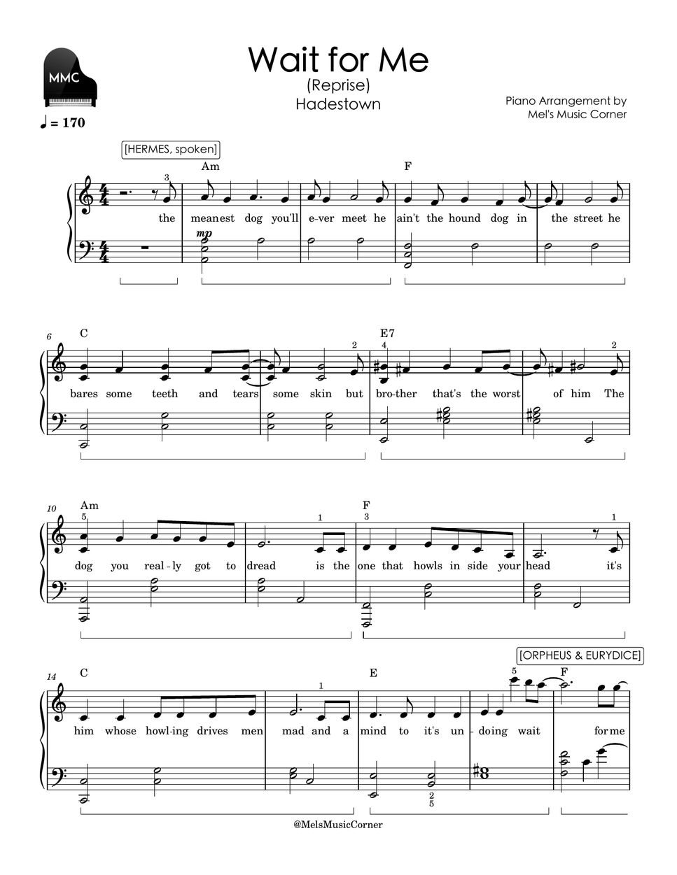 Anaïs Mitchell - Wait for Me - Hadestown (piano sheet music) Sheet Music by Mel's Music Corner
