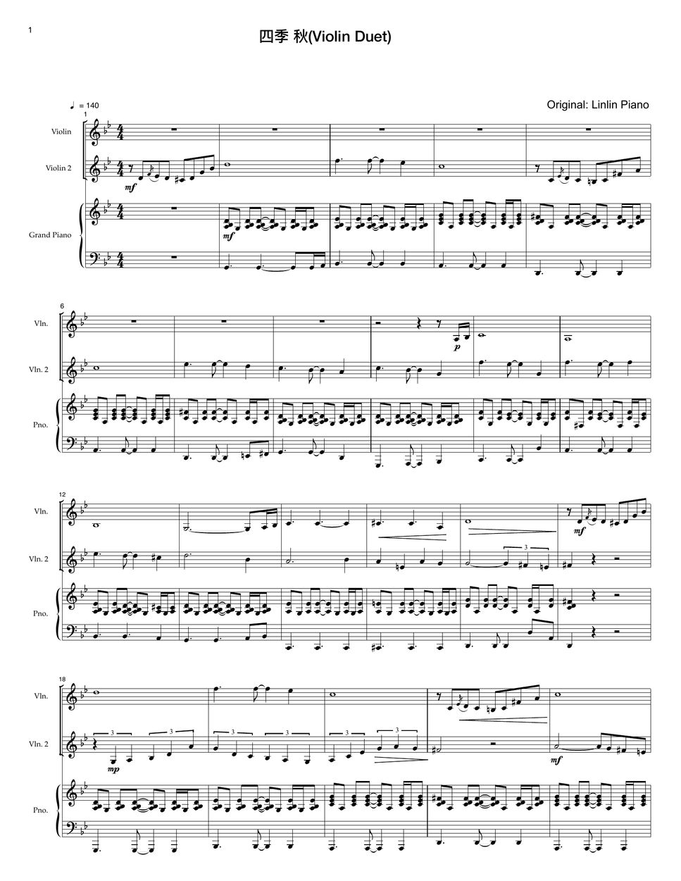 Linlin Piano - Linlin Piano - 四季 Tango Violin Duet (五分鐘鋼琴 Original) 악보