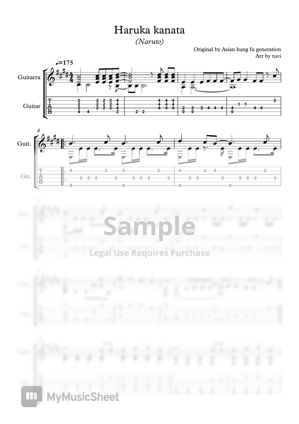 asian jung fu generation - Haruka kanata (Classical guitar/Guitar cover) TAB+1 Staff by Tuvi_guitar