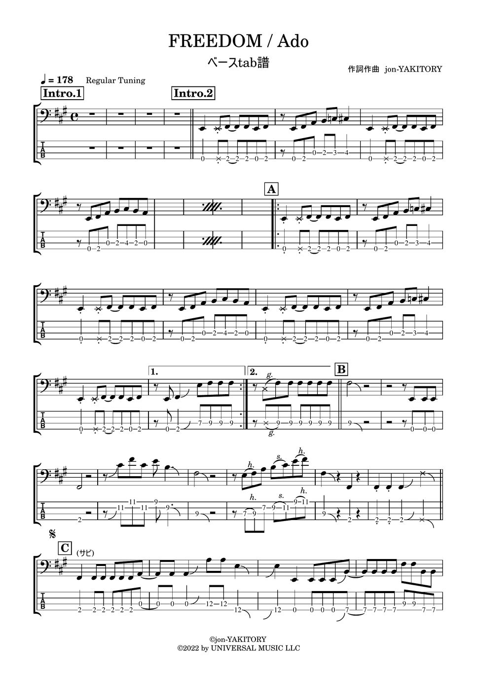 Ado - FREEDOM (ベースtab + MIDI) Лист by 鈴木建作