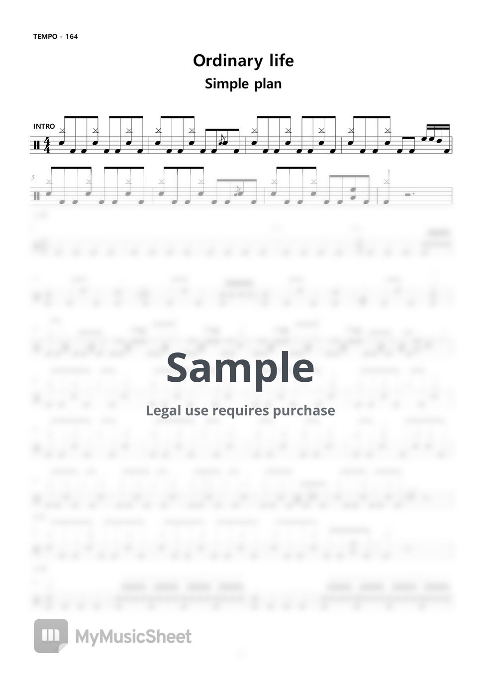 Simple Plan - Ordinary life (쉬운버전) Sheets by 심쌤의드럼만랩