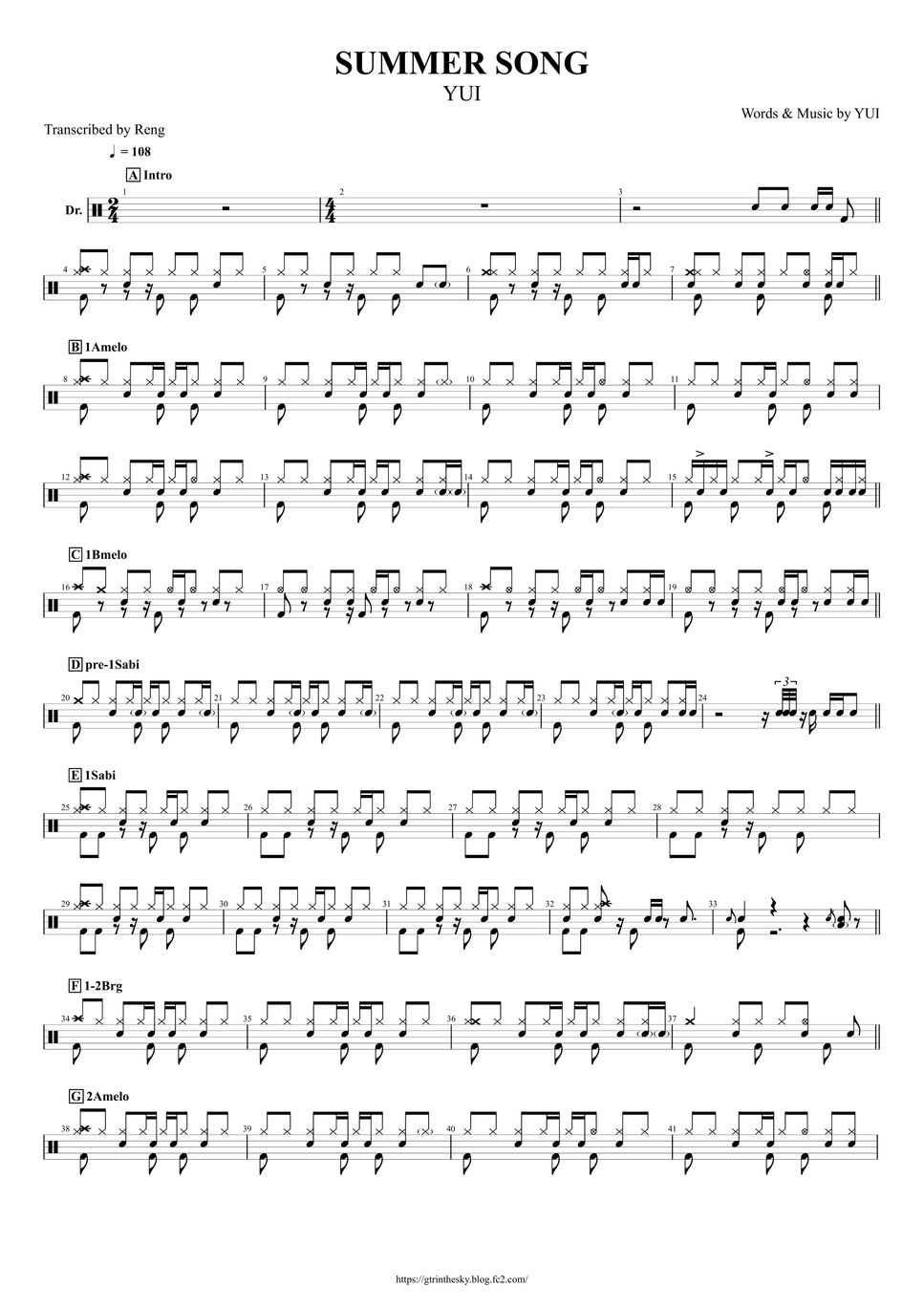 YUI - SUMMER SONG (Dr/ドラム譜) 楽譜 by Score by Reng