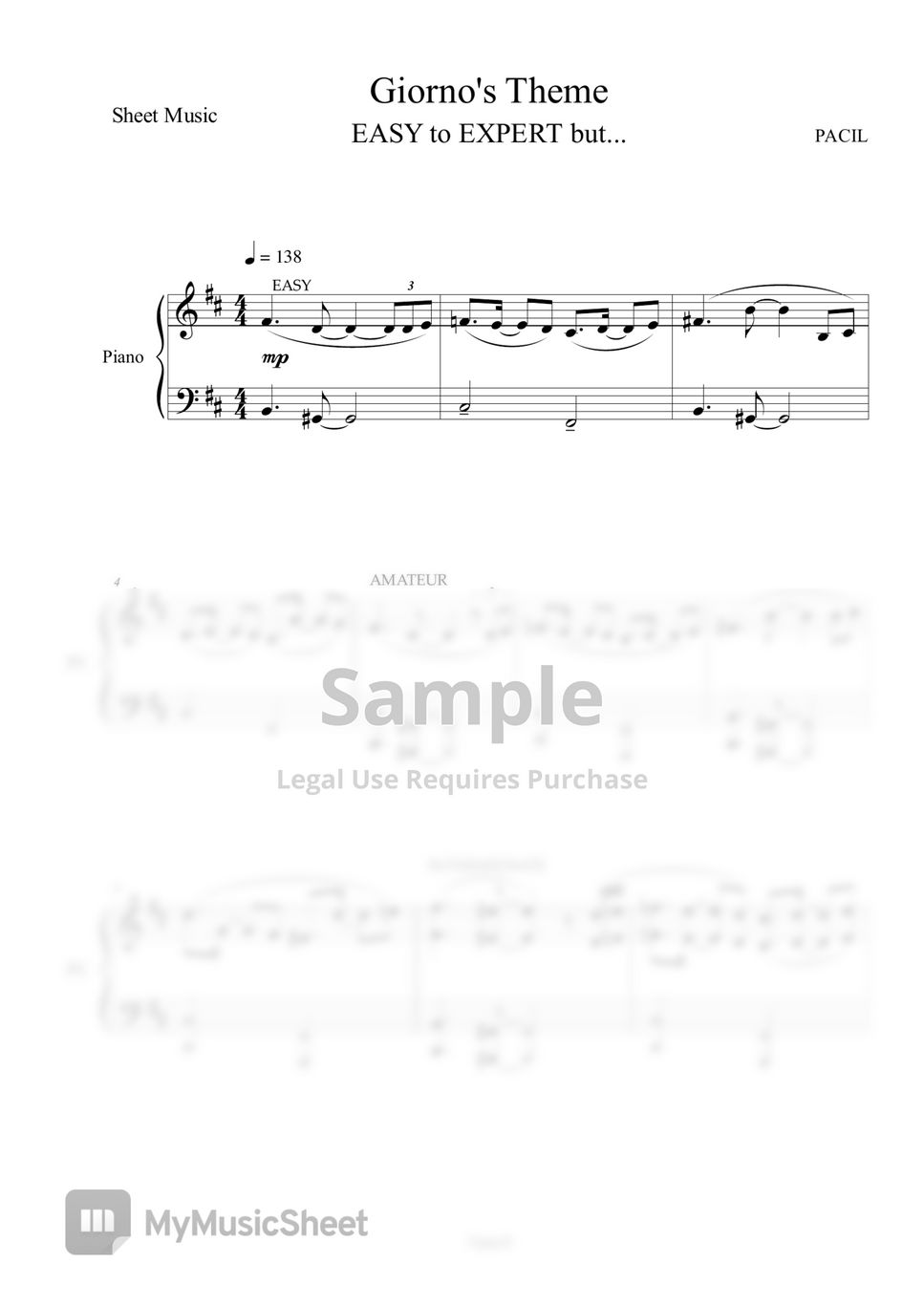 Yugo Kanno - Giorno's Theme | EASY to EXPERT Sheet by PACIL