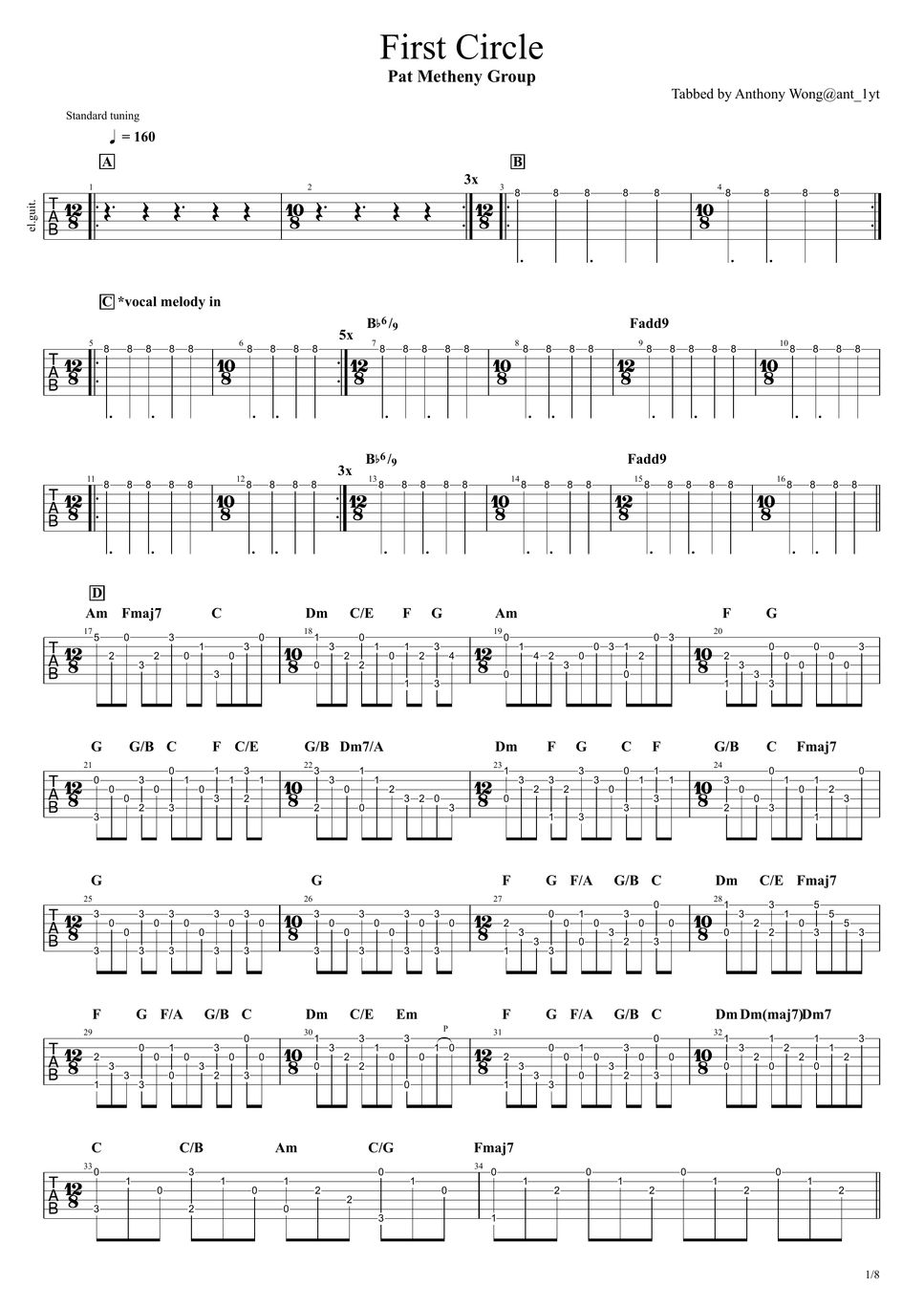 Pat Metheny Group - First Circle (full song tab)*most accurate version by far 楽譜 by Anthony Wong ...
