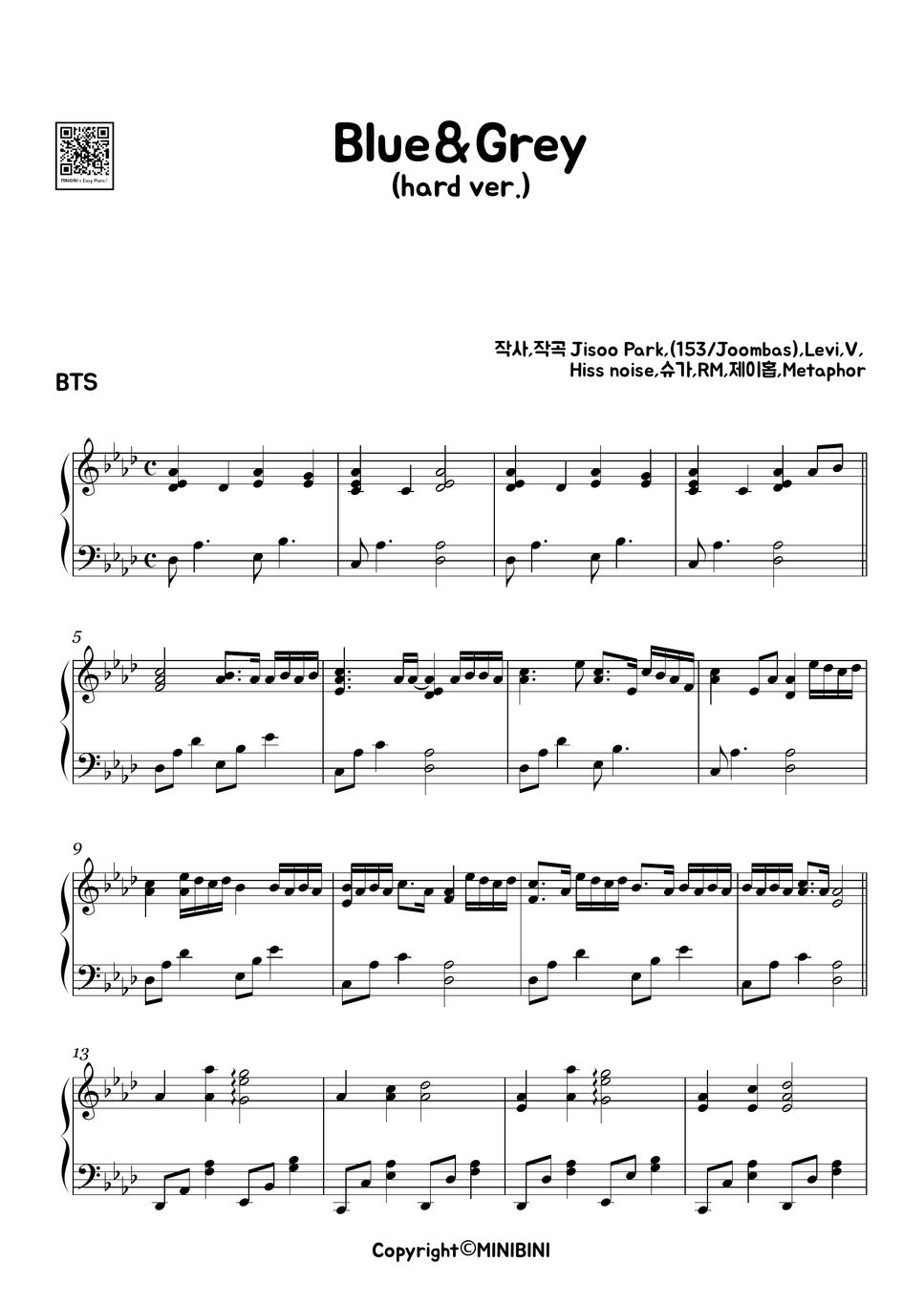 Bts 방탄소년단 Blue And Grey Hard Version 악보 By Minibini