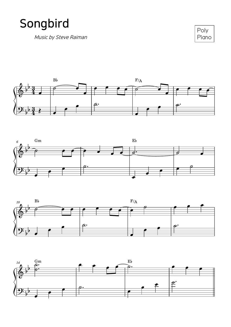steve raiman - Songbird (やさしいピアノ演奏曲) 楽譜 by POLYPiano
