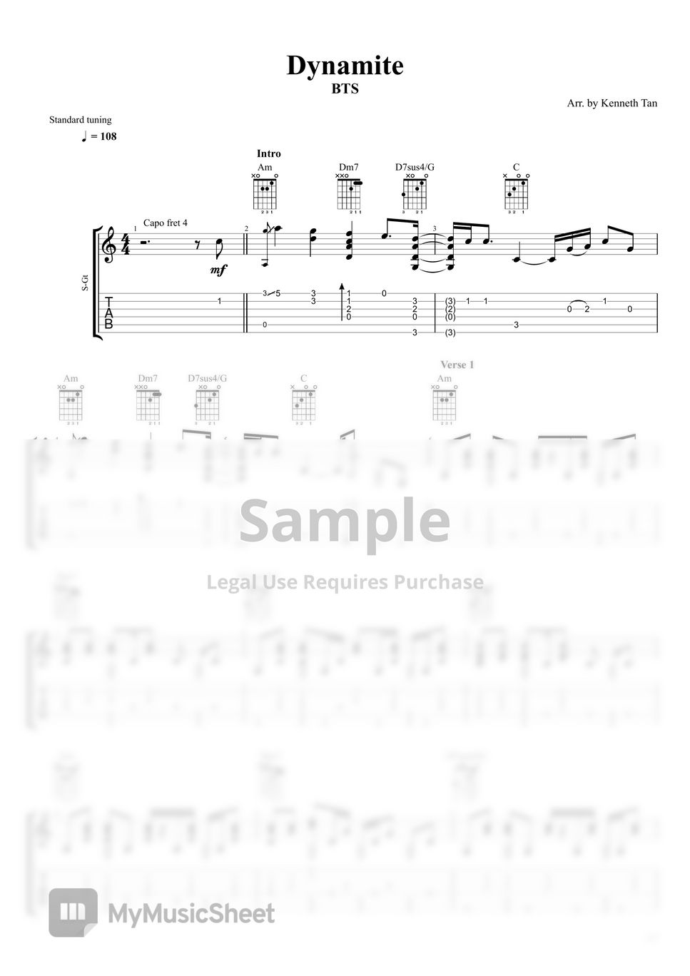 BTS | Fingerstyle Guitar - Dynamite Sheet Music by Kenneth Acoustic