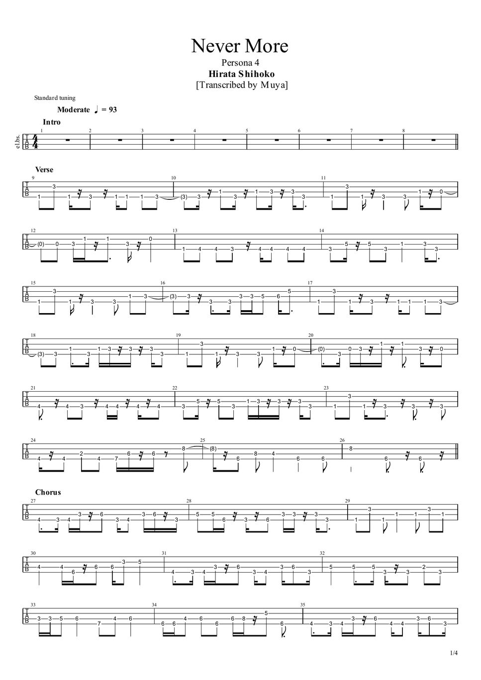 Hirata Shihoko - Never More (Bass TAB) Sheet Music by Muya