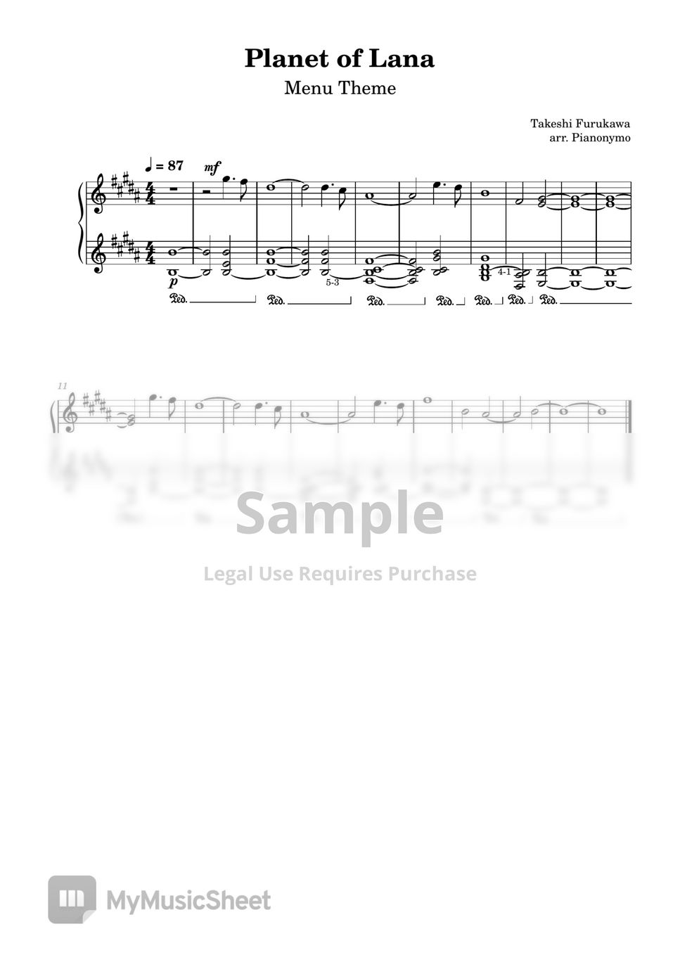 Takeshi Furukawa - PLANET OF LANA - Menu Theme Sheets by Pianonymo