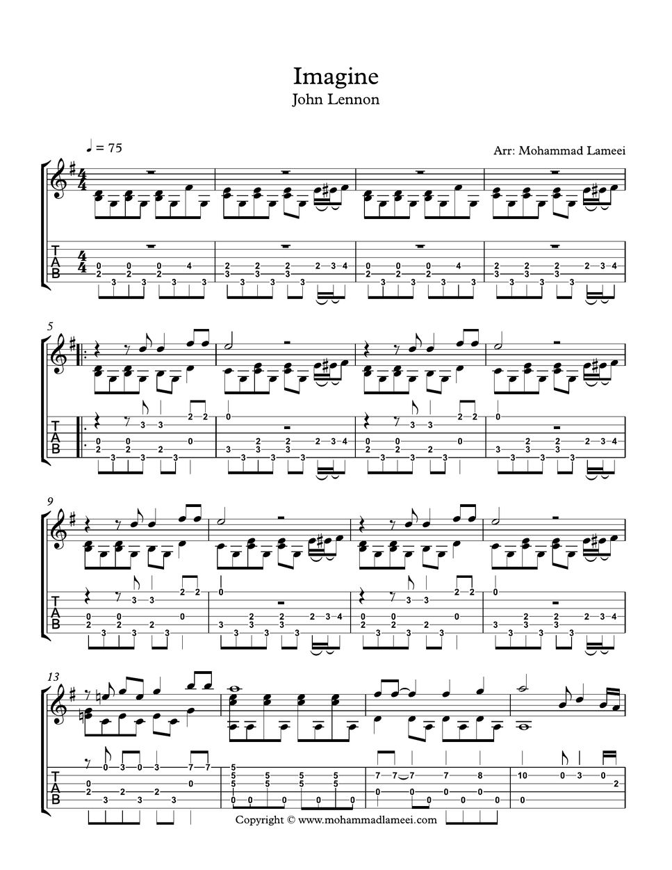 John Lennon - Imagine Tab + 1staff by Mohammad Lameei