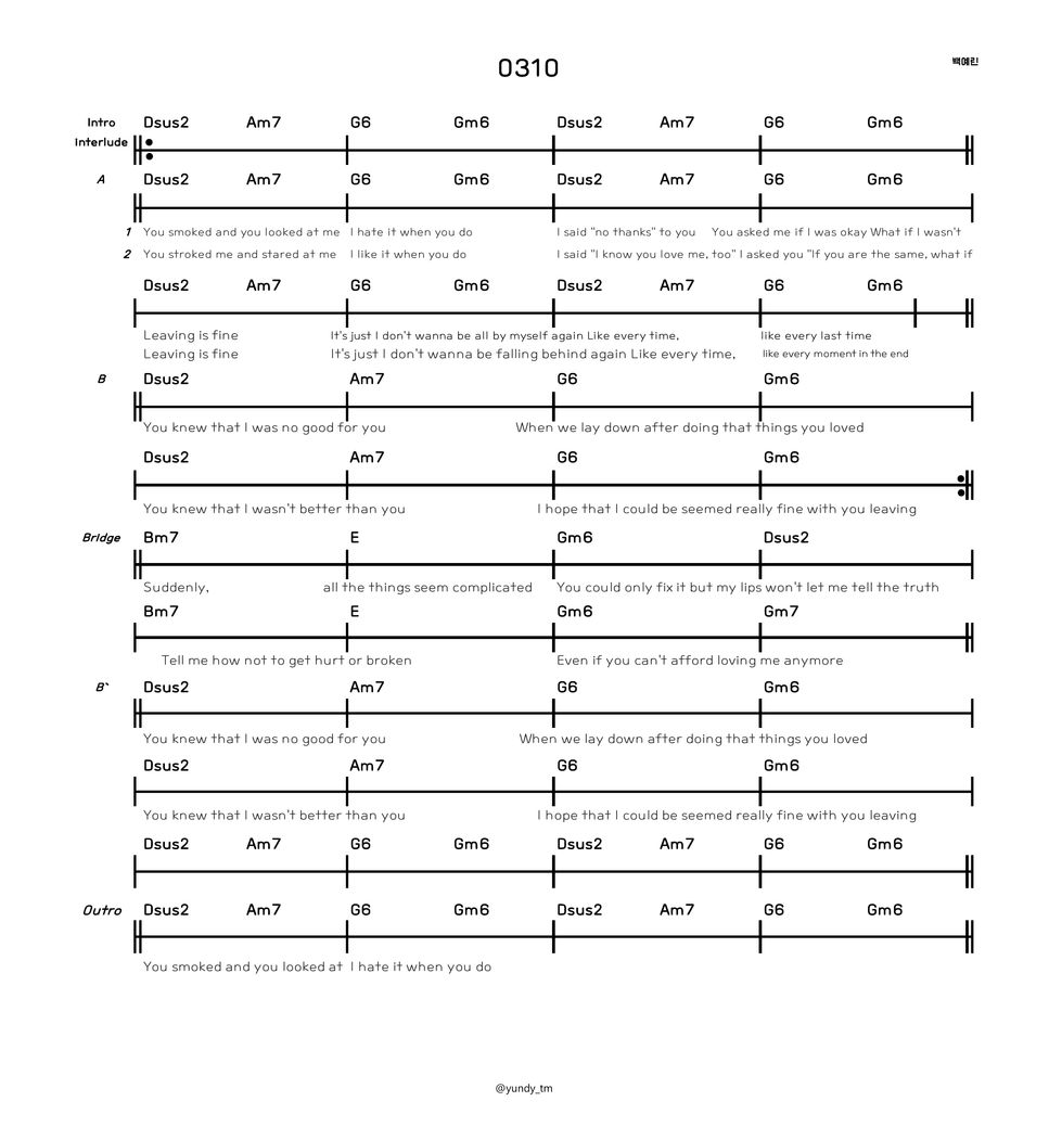 백예린 - 0310 (코드가사 + 통기타타브) Partition musicale by @yundy_tm
