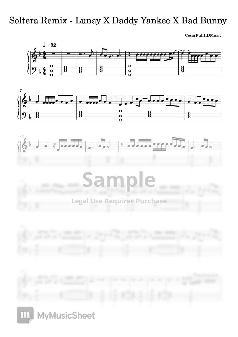 Lunay X Daddy Yankee X Bad Bunny - Soltera Remix 악보