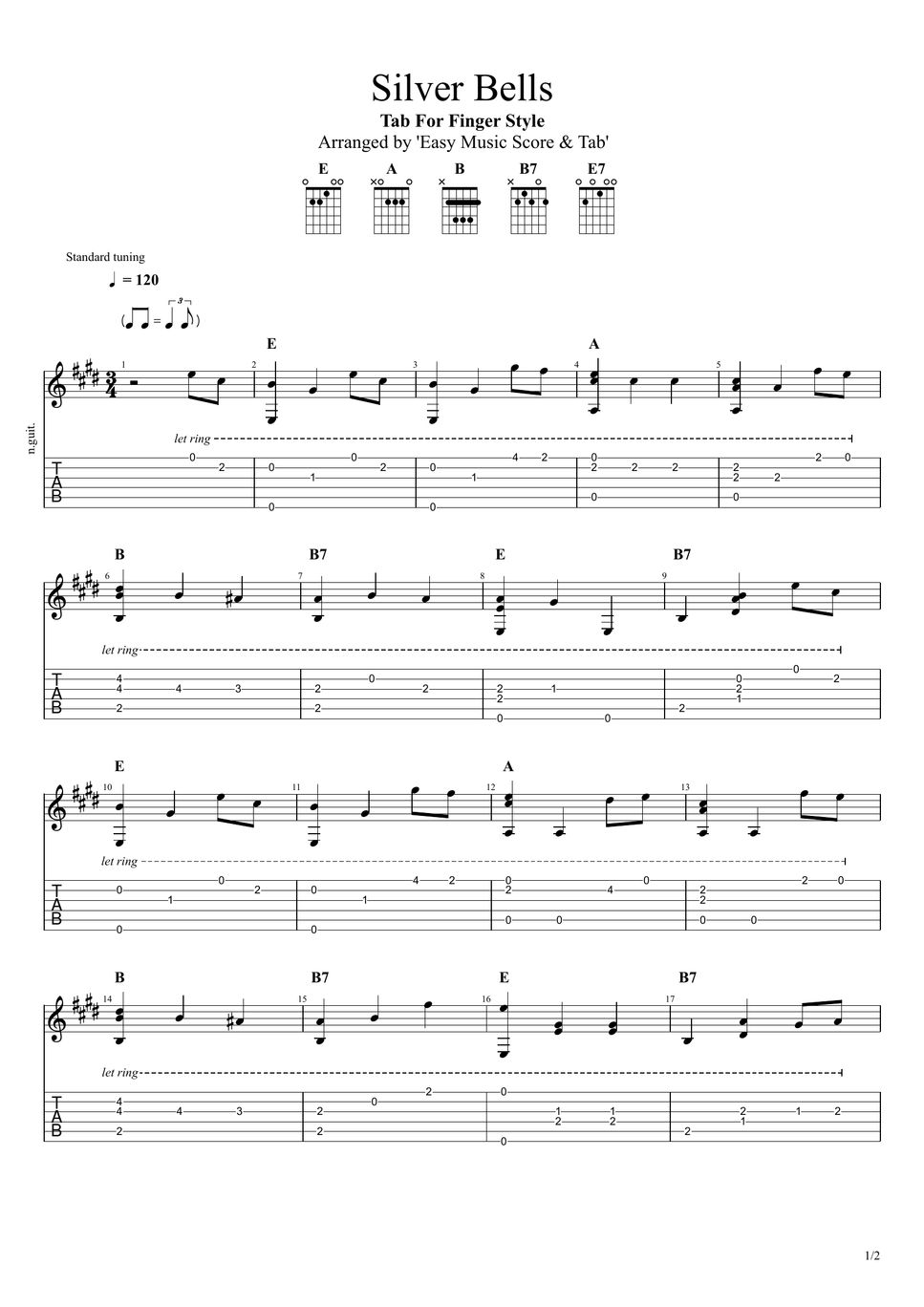 Christmas Carol - Silver Bells (Tab for Easy Finger Style) Tab + 1staff ...