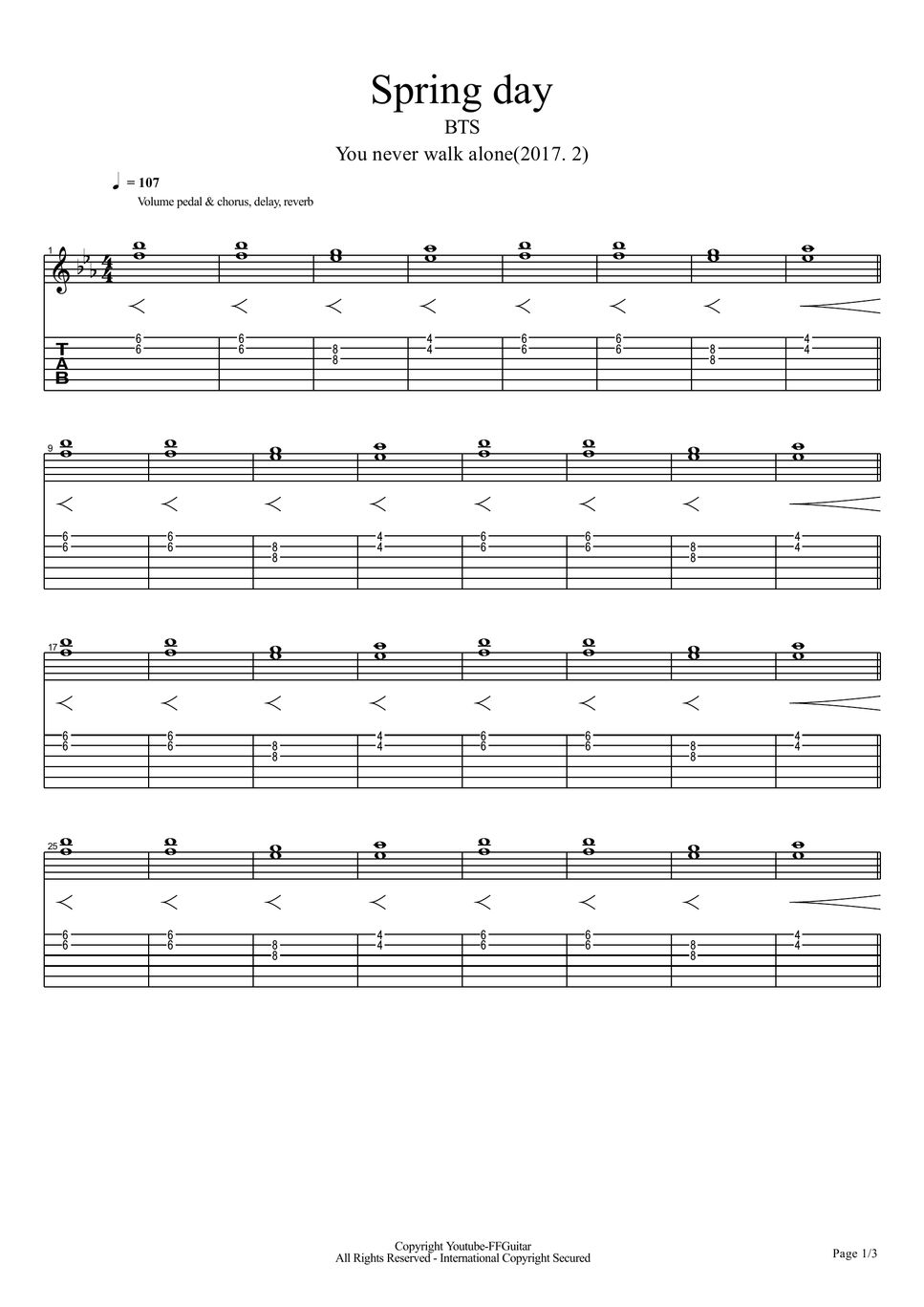 BTS - Spring day guitar cover 楽譜 by FFGuitar