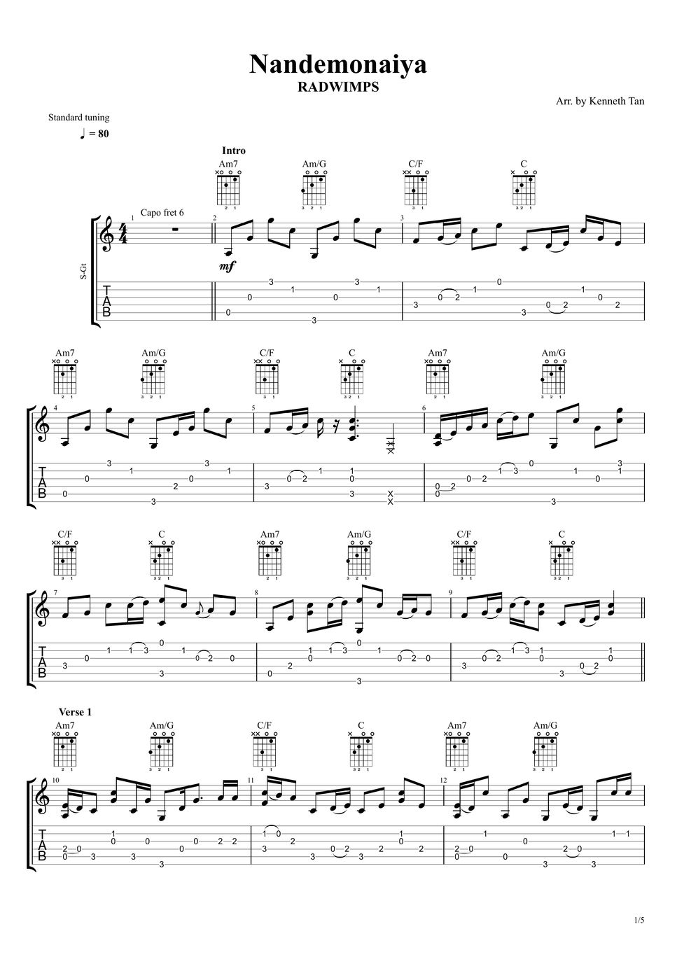 RADWIMPS | Fingerstyle Guitar - Nandemonaiya (Your Name) TAB by Kenneth Acoustic