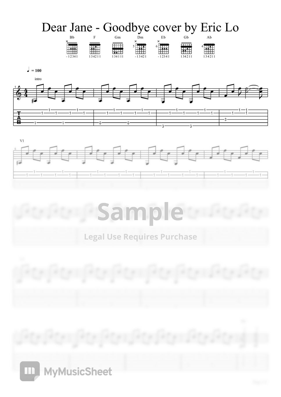 Dear Jane - Goodbye guitar cover Tab + 단선 악보 by Eric Lo