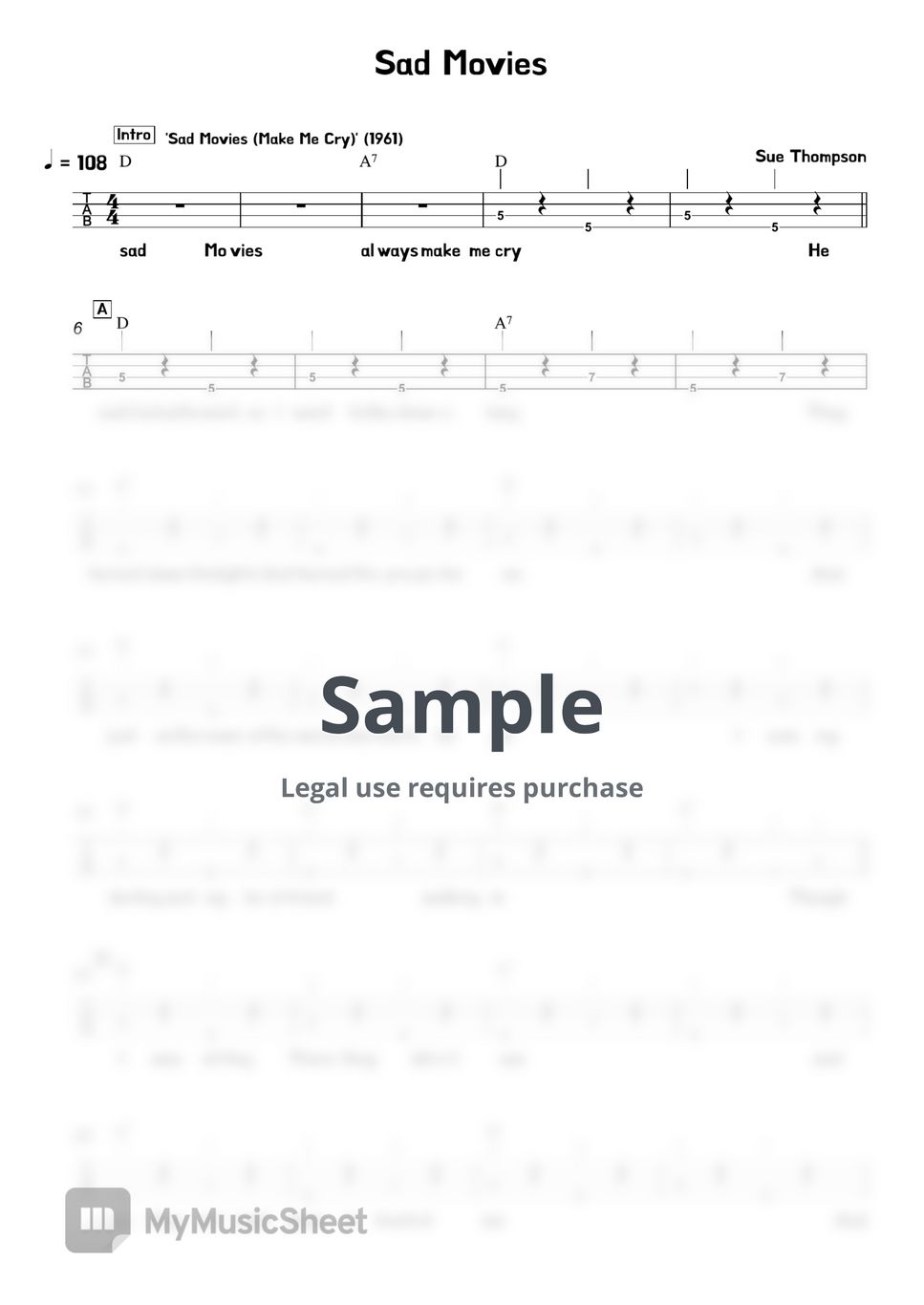 Sue Thompson - Sad Movies Sheet Music by 김미(Kimme)