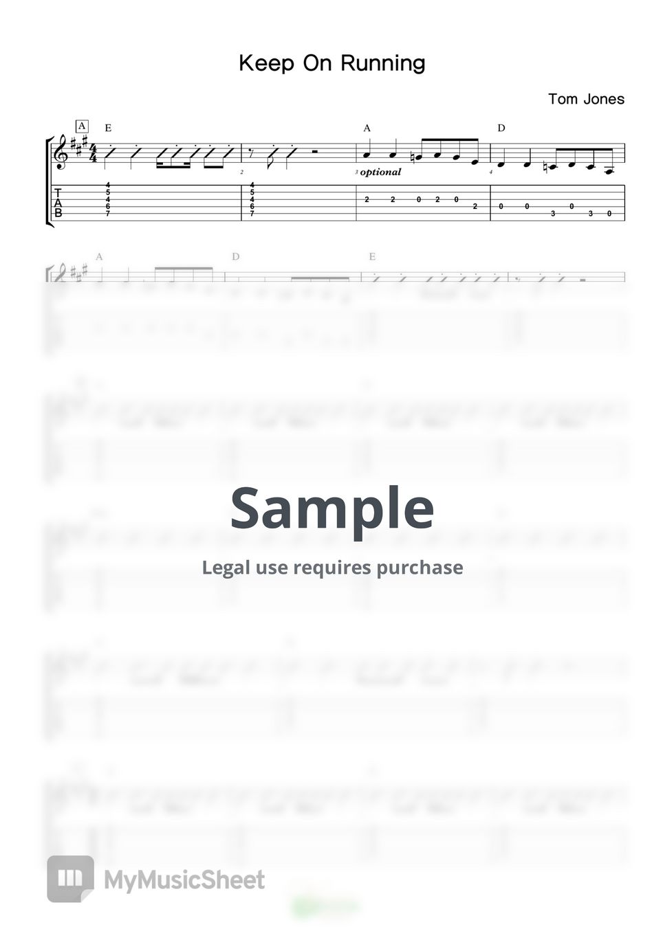 Tom Jones - Keep On Running 타브+단선 악보 by 빈사마기타나라