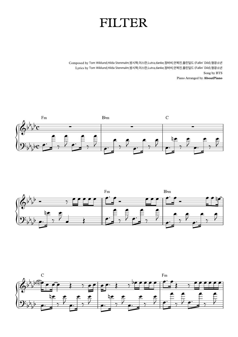 BTS - Filter Sheets by 247 Kpop Piano
