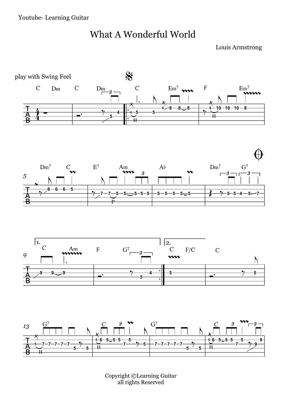 Louis Armstrong - What A Wonderful World (Melody TAB) TAB by Learning ...