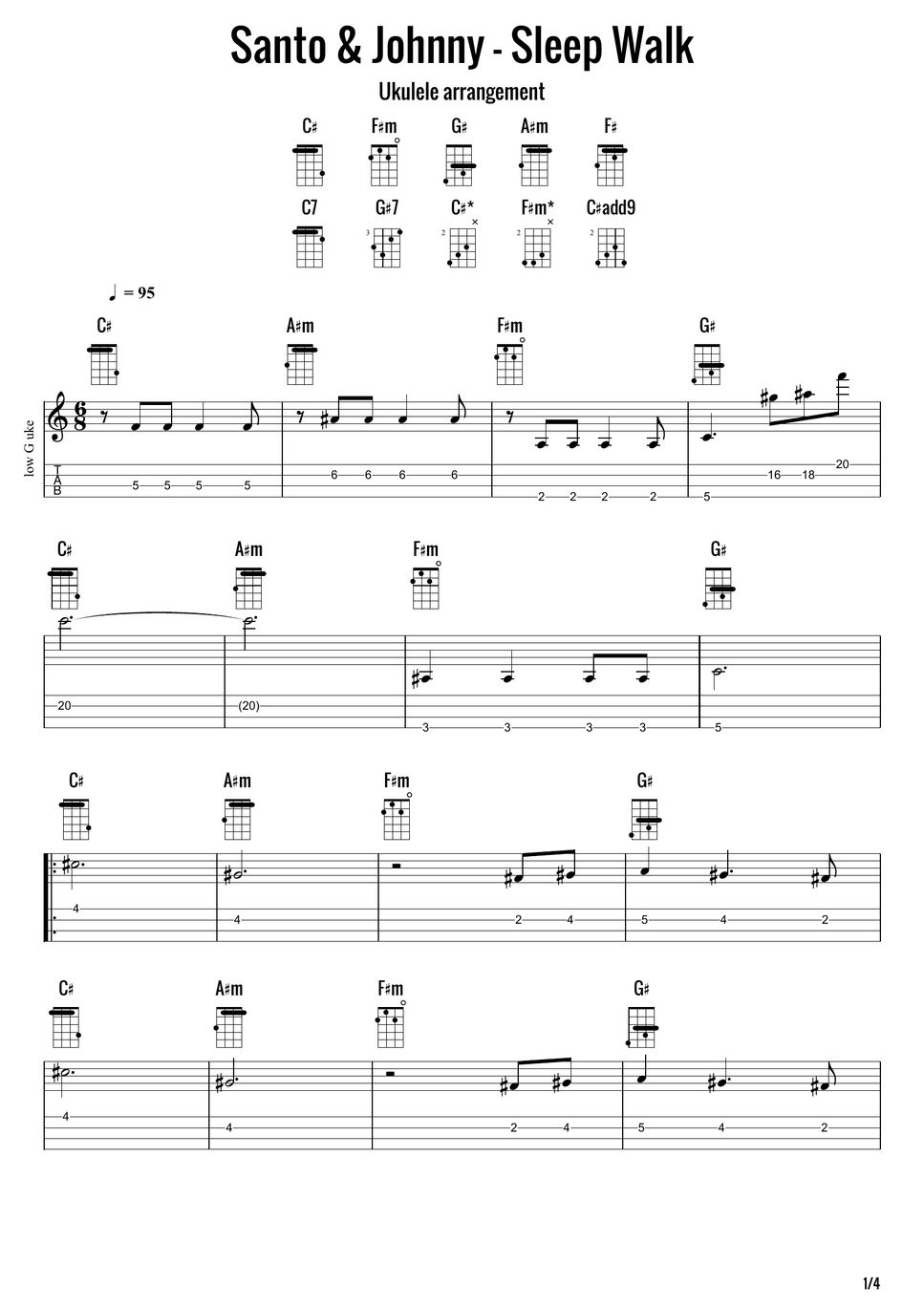 Santo & Johnny - Sleepwalk (Slide tab) Spartito by Vasko (Ukulele Cheats)