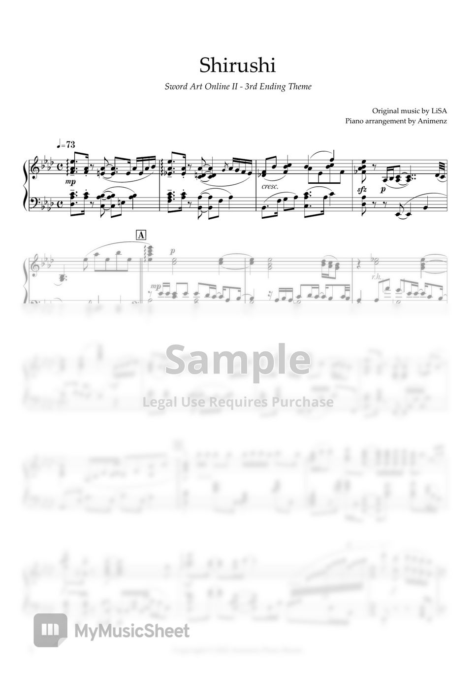 LiSA - Shirushi (Sword Art Online II ED3) 악보 by Animenz