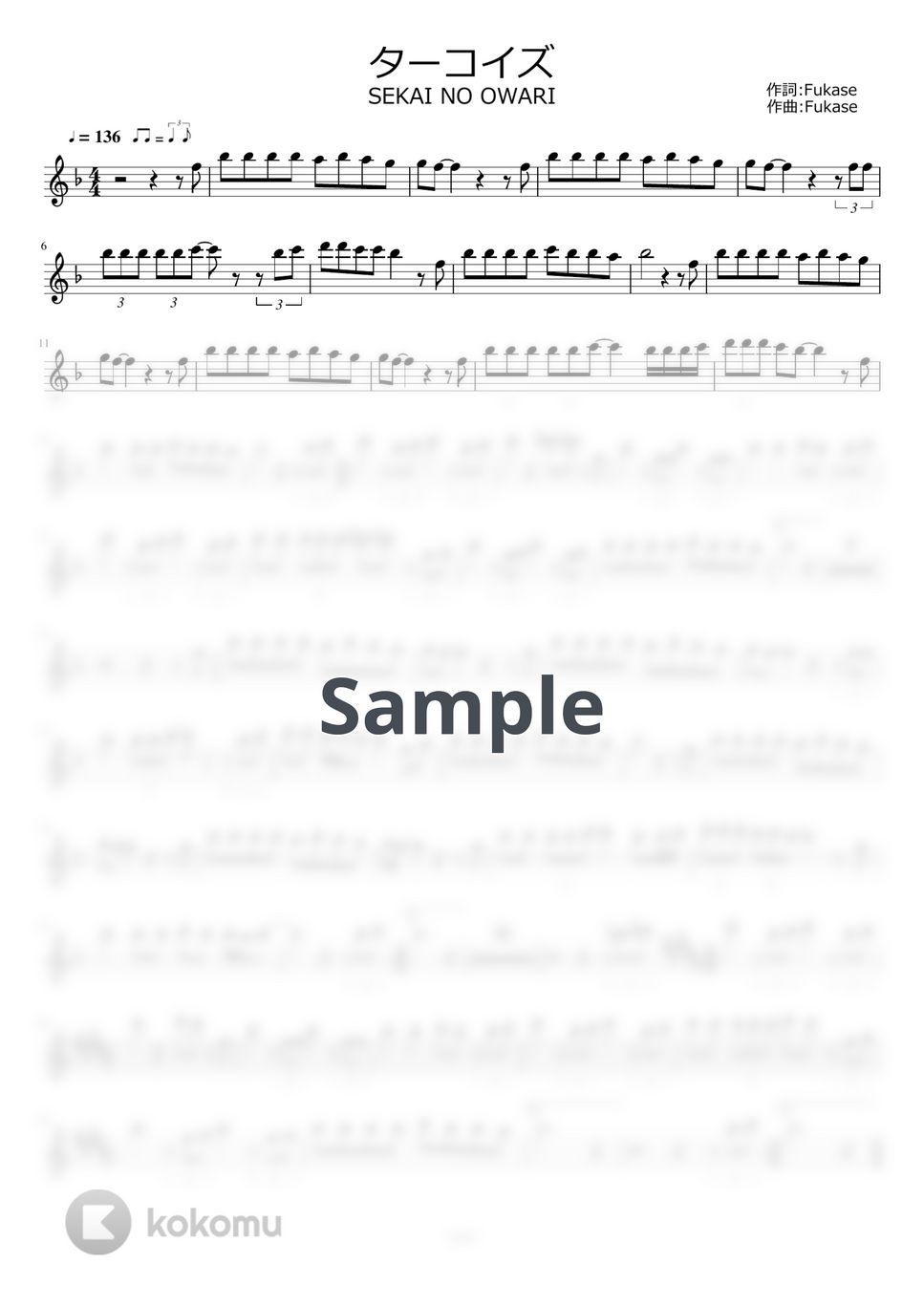 SEKAI NO OWARI - ターコイズ【A.sax/B.sax】 楽譜 by ayako music school