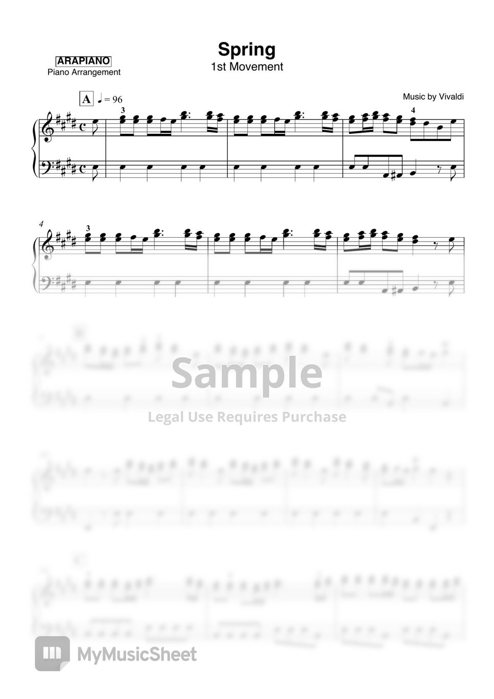 Vivaldi - Spring 1st Movement from The Four Seasons 악보 by ARAPIANO