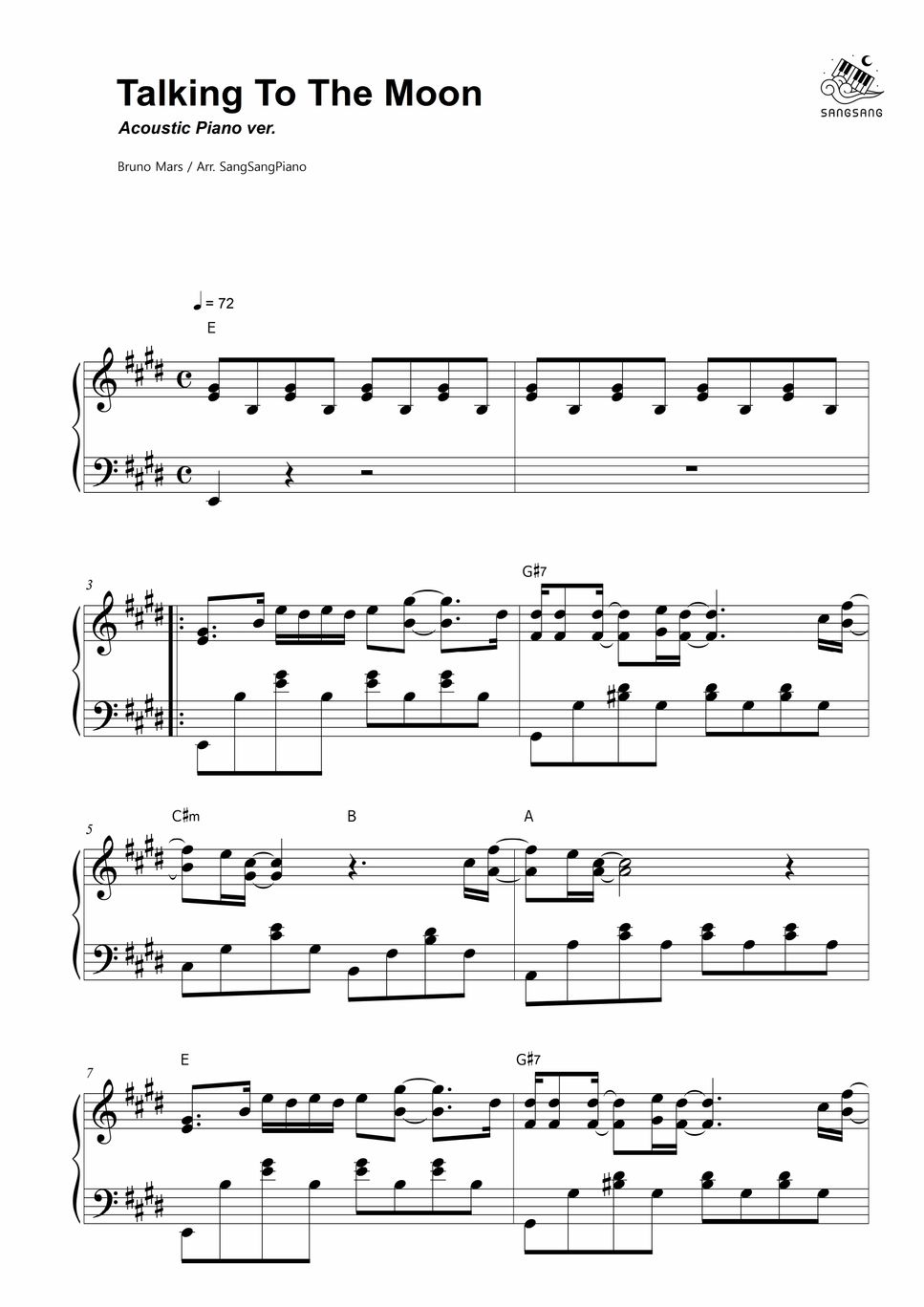 Bruno Mars - Talking To The Moon Sheet by SangSangPiano