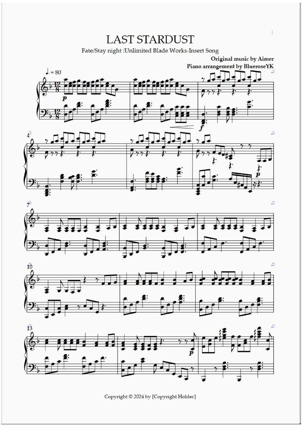 Aimer - Last Stardust (Fate/Stay night) Sheets by BlueRoseYK