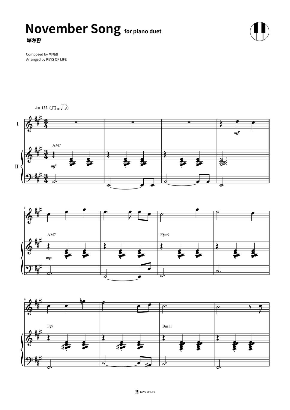 Yerin Baek - November Song (Piano duet) Sheet