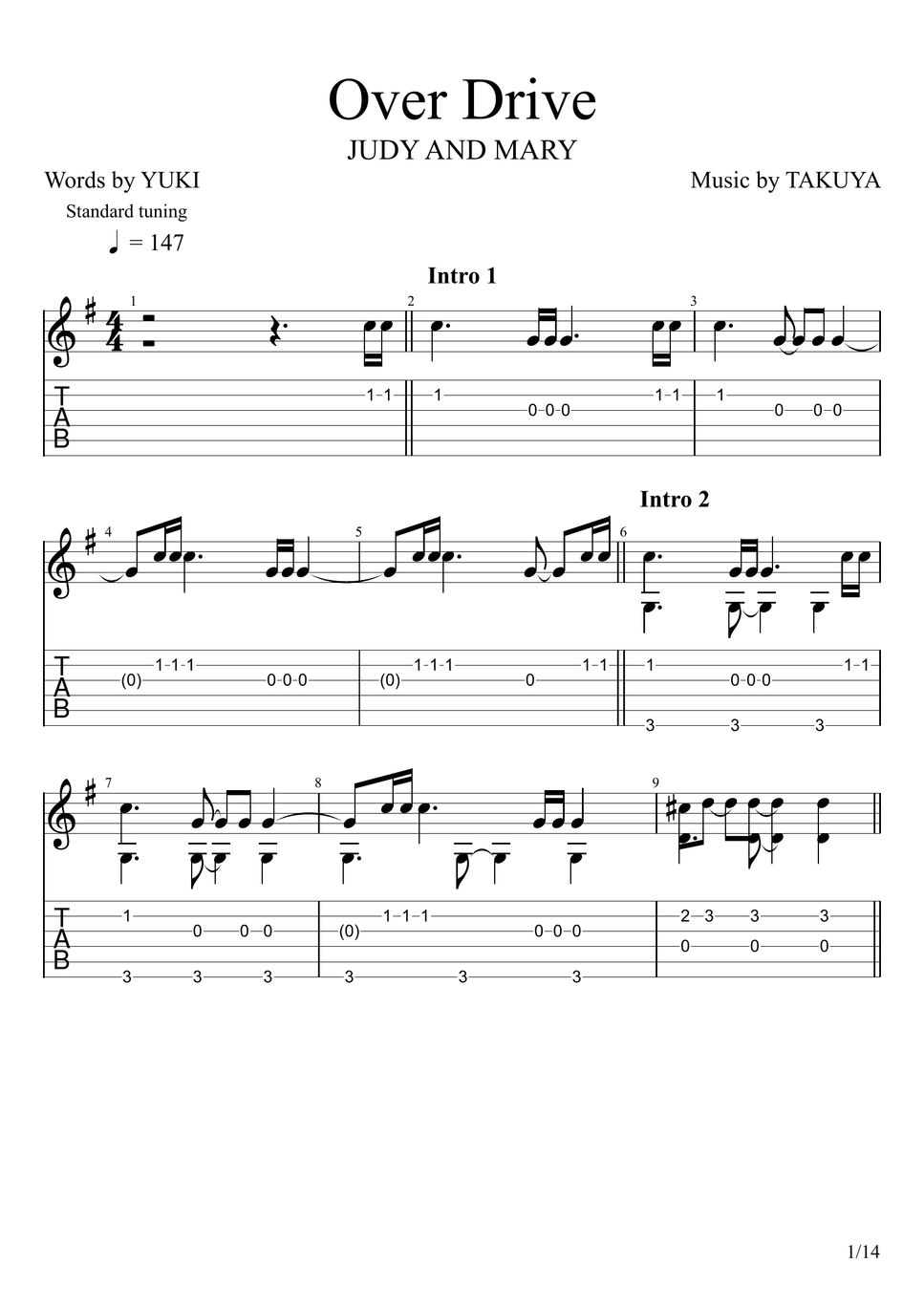 JUDY AND MARY - Over Drive (Fingerstyle) Sheets by u3danchou